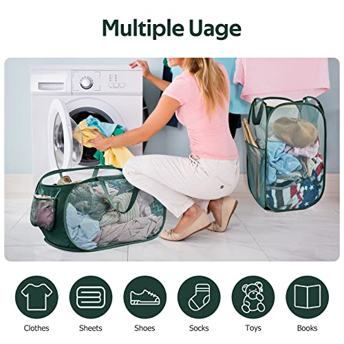 OTraki 2 Pack 70L Mesh Laundry Hampers with Long Handles Pop Up Clothes Basket for Laundry Collapsible Hamper with Large Side Pocket for Socks Detergent Hangers Easy to Carry in Home Hotel Green