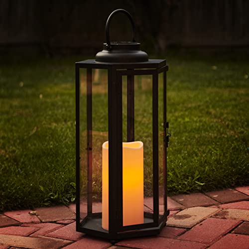 Large Solar Candle Lantern - 18 Inch Tall, Glass Panels, Matte Black Metal Frame, Waterproof Flameless Pillar Candle, Dusk to Dawn Timer, Large Size for Floor or Patio, Fall Decor, Battery Included