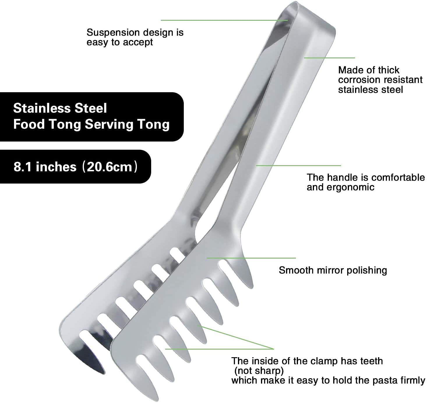 HornTide Stainless Steel Pasta Tongs Pack of 2 Piece Teethed Ends Design for Spaghetti Noodle Pastry Kitchen Serving Tong Set 8-inch 20cm