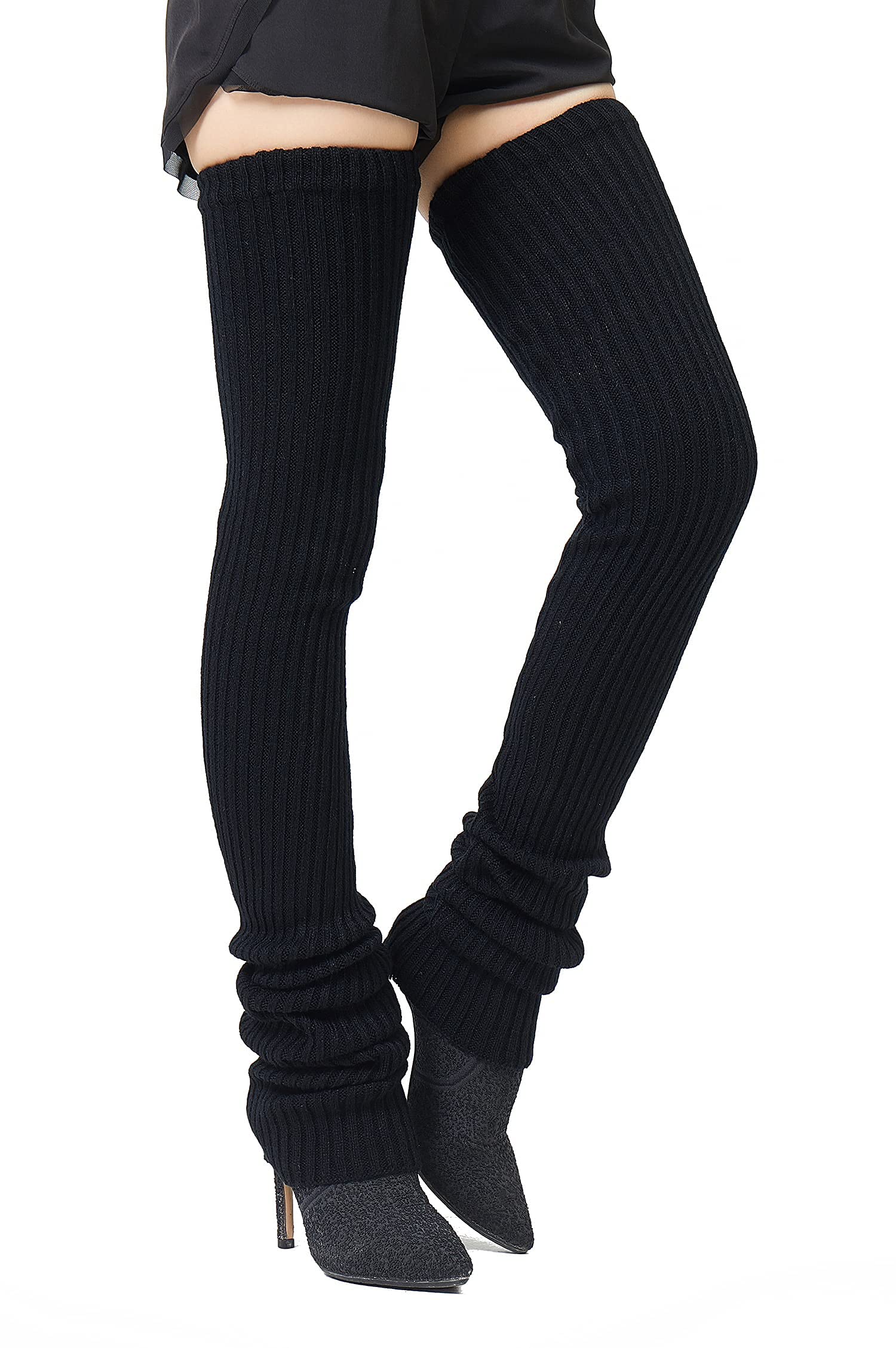 Henwarry 27 or 34 Inch Length Leg Warmers Knit Over the Knee Extra Long Winter Soft Thick Thigh High Footless Socks for Women (34 Inch, A01-Black)