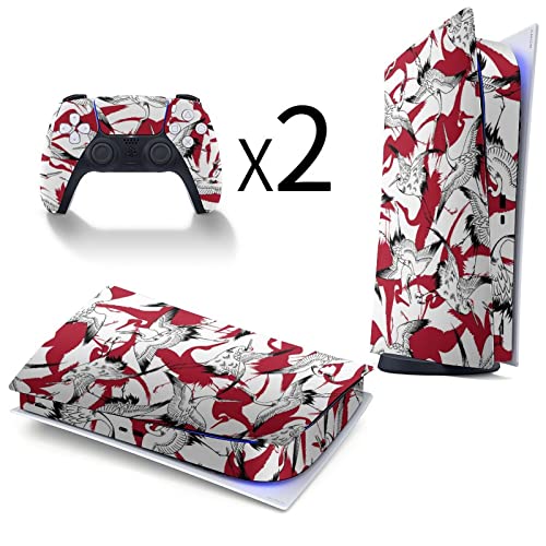 Japanese Crane Pattern Full Protective Skin Cover Design Wrap Decal Sticker Compatible with PS5 Digital Edition Console and Controller