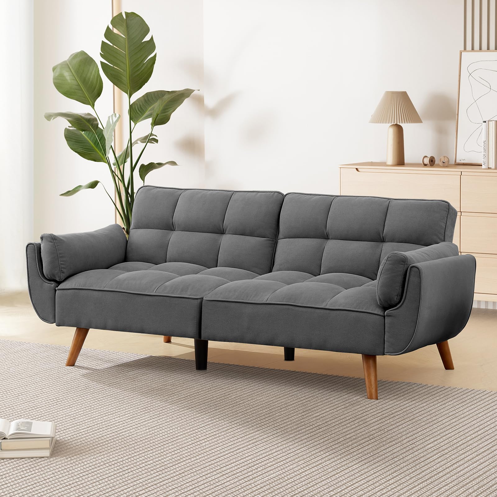 saows Futon Sofa Bed, Modern 75" Convertible Sofa Bed with Split Backrests and Pillow Top Armrests, Sleeper Bed Couch for Small Spaces, Living Room, Bedroom, Dark Grey