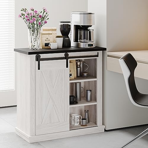 OLD CAPTAIN Coffee Bar Cabinet with Adjustable Storage Shelves,Sliding Door,32", White