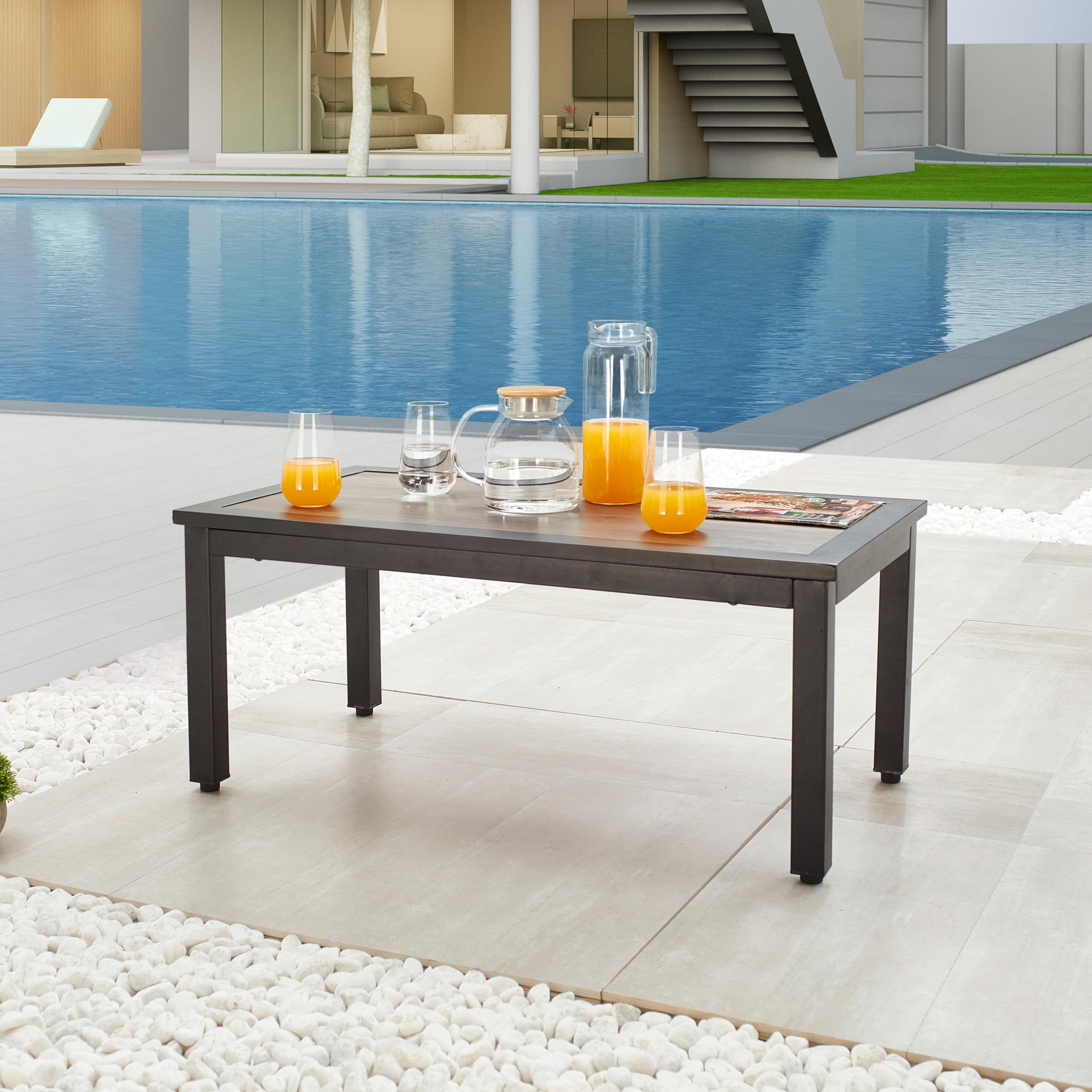 LOKATSE HOME Outdoor Rectangular Metal Coffee Table Patio Furniture with Wood Grain Top for Backyard, Deck, Lawn, Garden, Black