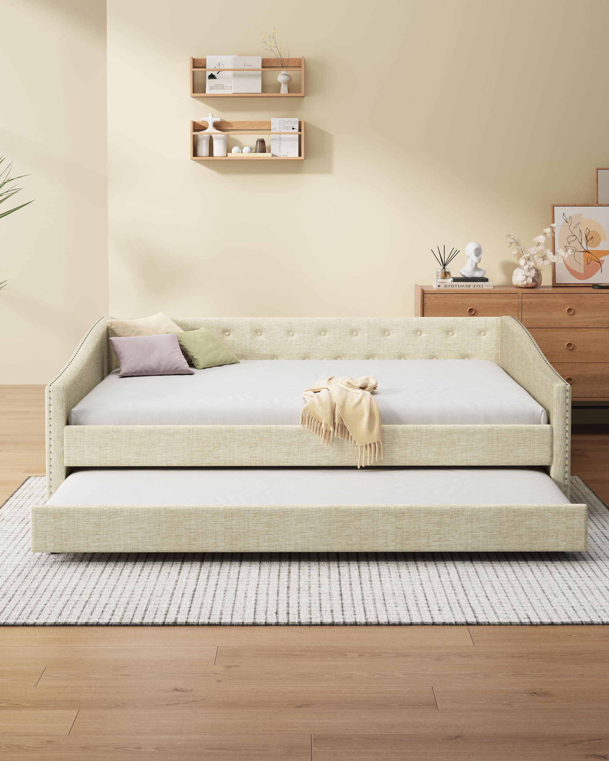 Jintop Full Size Velvet Upholstered Tufted Daybed with 2 Drawers,Modern Wood Bed Frame w/Armrests,Slat Support,No Box Spring Needed,Daybeds for Apartment,Bedroom,Guest Room,Beige