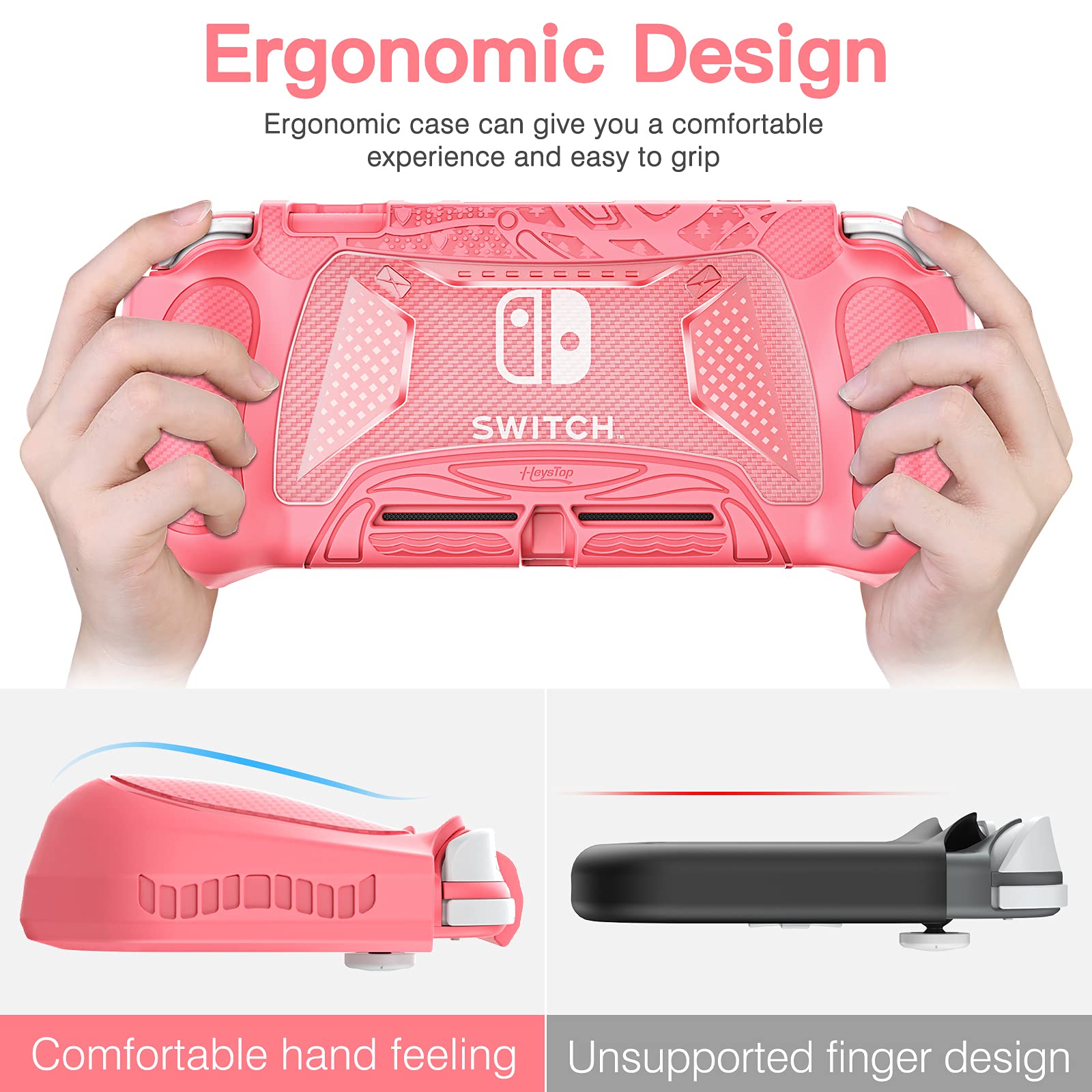 HEYSTOP Switch Lite Case Cover, Switch Lite Protective Case with Game Card Storage, Tempered Glass Screen Protector and Thumb Grip, Switch Lite Grip Case Anti-Scratch Non-Slip Case, Pink