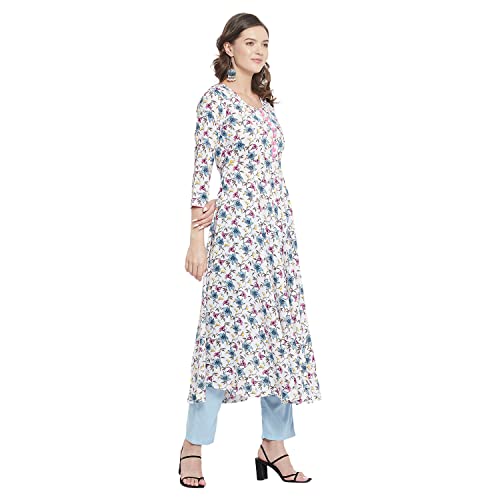 Tissu Women's Rayon White & Blue Floral Printed A-Line Kurta 2134_White_5XL