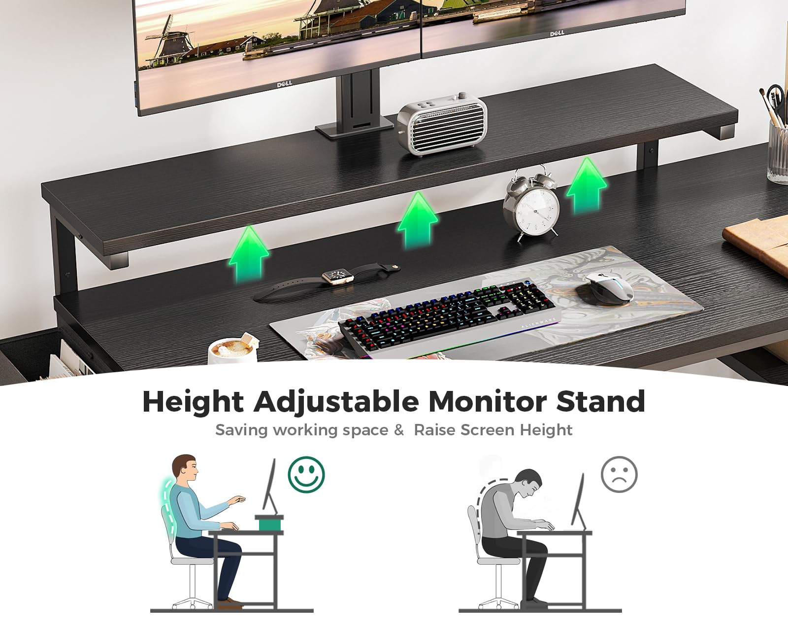 KKL 40 inch Small Computer Desk with Adjustable Monitor Stand, Home Office Desk & Workstation with Storage Shelves, Reversible Work Writing Study Table for Bedroom, Black