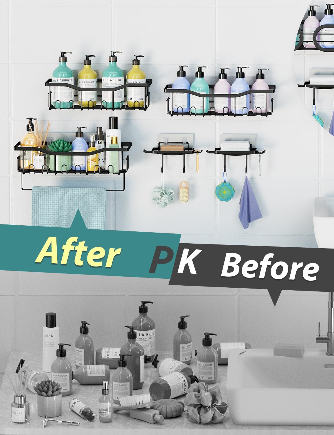 plainshe 10 Packs Shower Caddy, Shower Organizer with 3 Shower Shelves, 2 Soap Dishes & Towel Rack, Stainless Steel Wall Rack Basket with Adhesives Mounted for Bathroom & Kitchen (Black/N-Type)