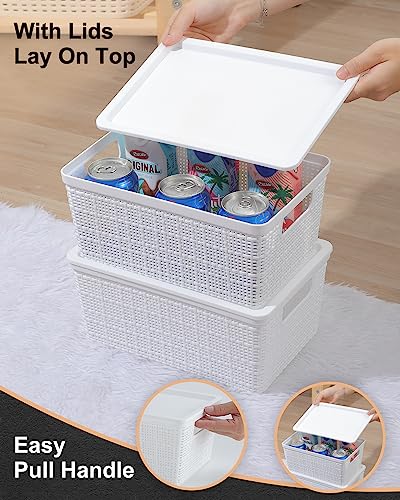 EOENVIVS Plastic Storage Baskets with Lids Lidded Storage Bins Pantry Organization and Storage Containers Organizer Bins for Shelves Drawers Desktop Closet Playroom Classroom Office,White