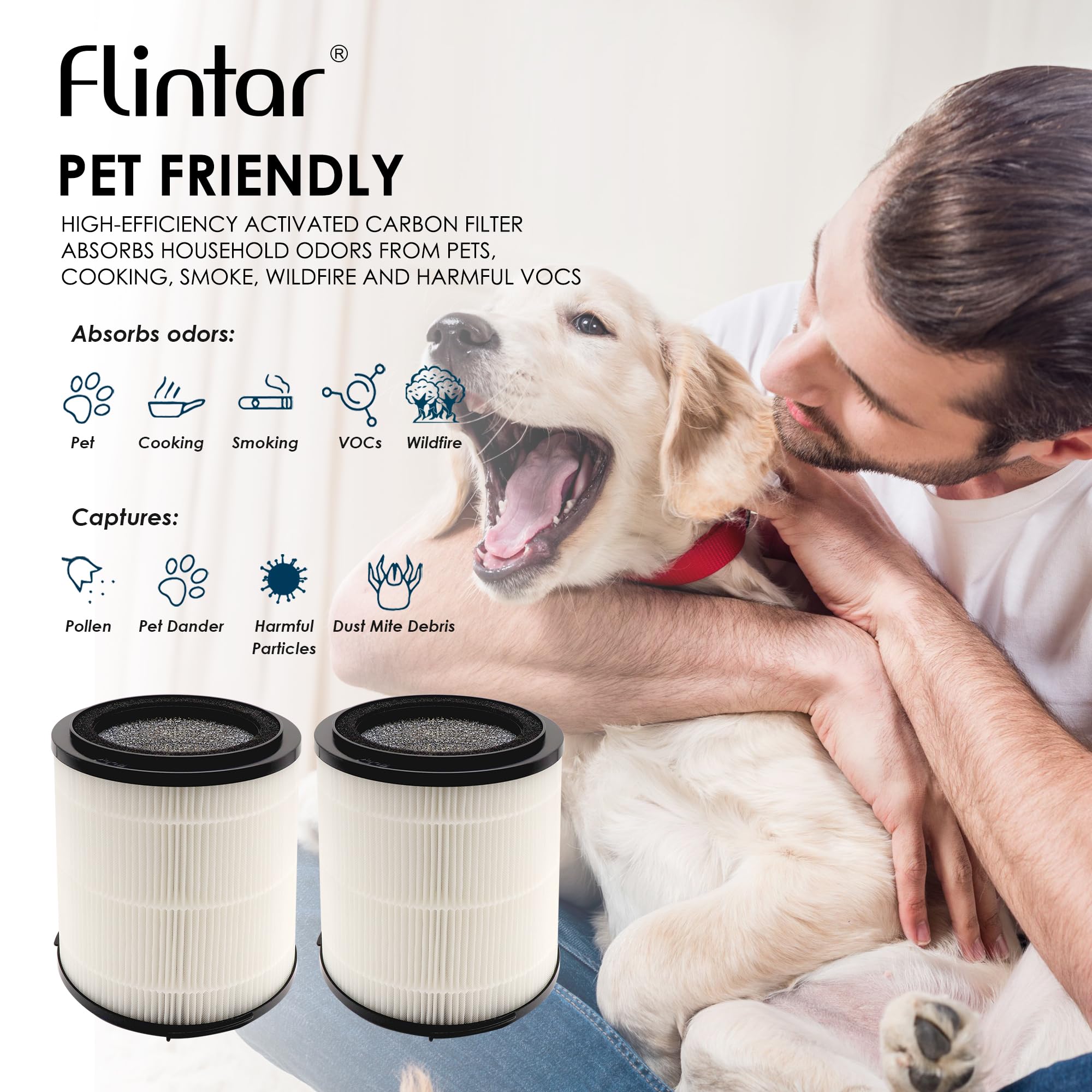 Flintar H13 True HEPA Replacement Filter, Compatible with SilverOnyx 5-Speed Air Purifier KJ150F-C02, 3-in-1 H13 Grade True HEPA filter, For Large Room 500 sq ft (2-Set)
