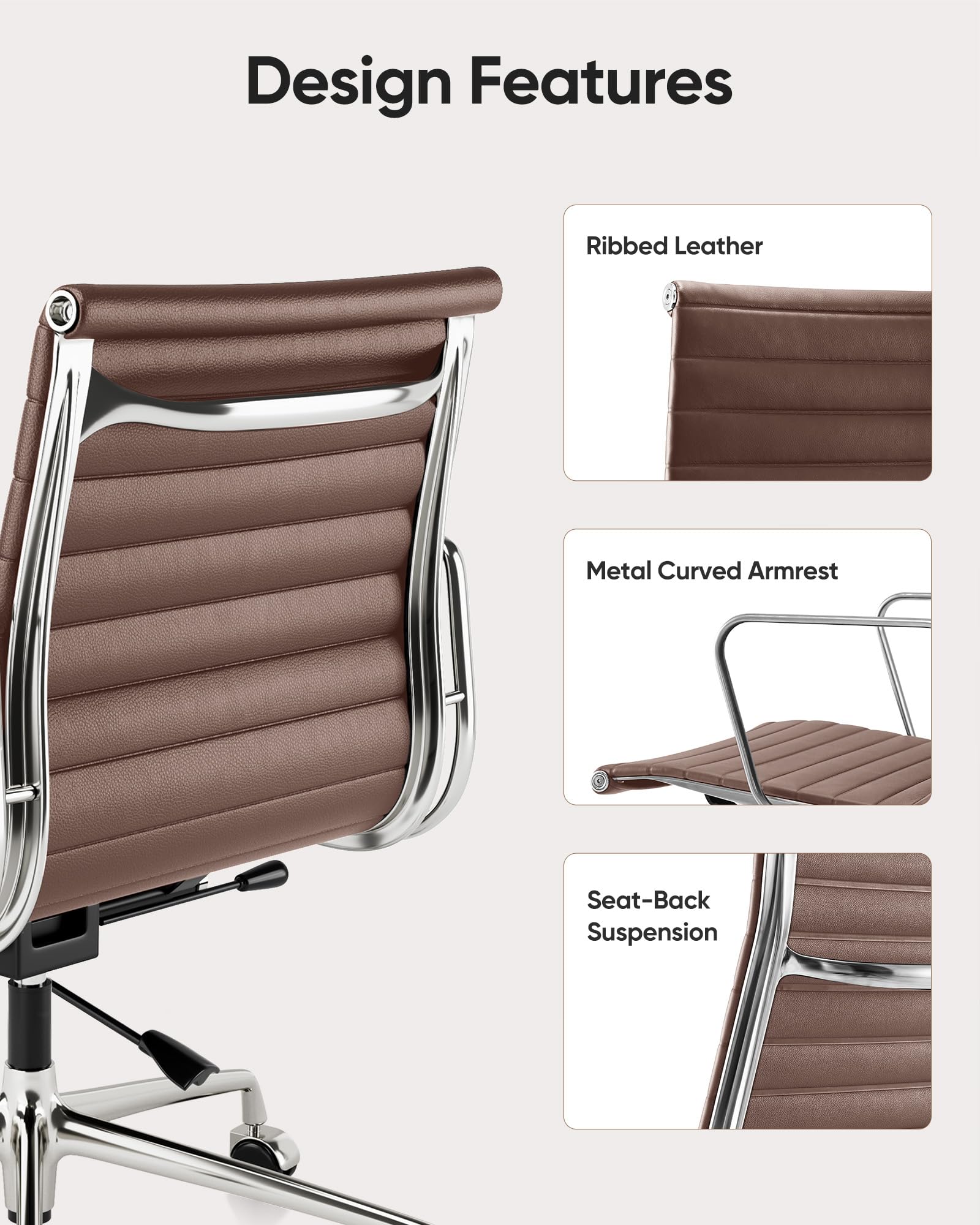 Ribbed Office Chair, Mid Back Top Black Grain Leather Desk Chair, Swivel Chair Adjustable Ergonomic Computer Desk Chair with Aluminium Alloy Frame and Silent Nylon Wheels