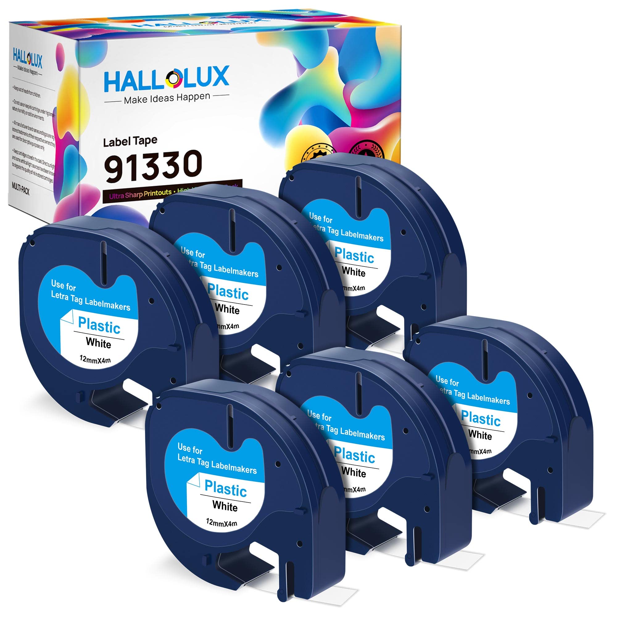 HALLOLUX Compatible Label Tape Replacement for Dymo Letratag Labeling Refills 91330 (S0721660) to use with Label Maker LT-100T LT-100H LT-110T, Black on White, 0.47 Inch (12mm) x 13 Feet (4m), 6-Pack