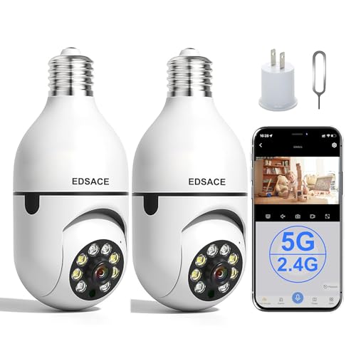 EDSACE Light Bulb Camera 2 Pack,5g Dual Band Bulb Camera,WiFi 6 Light Bulb Camera Pack of 2, 2.4G/5G WiFi Light Bulb Camera, Home Secuirty Socket Camera,360 Degree Panoramic Camera 2pcs