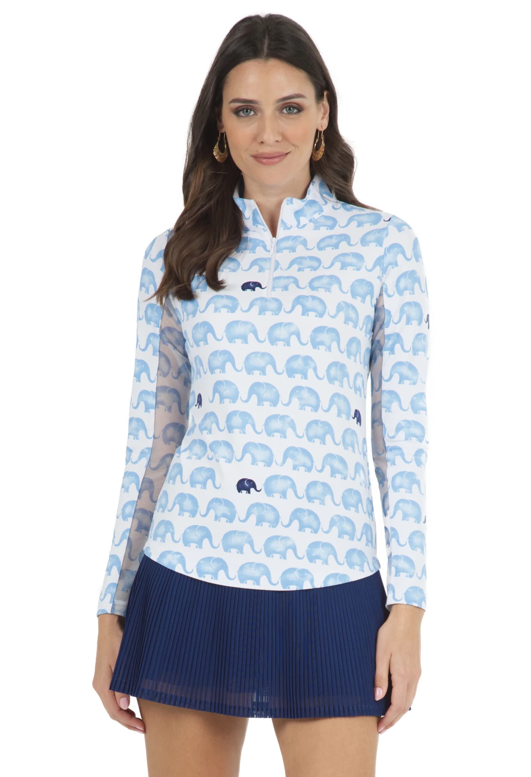 IBKUL Athleisure Wear Sun Protective UPF 50+ Icefil Cooling Tech Velma Print Long Sleeve Mock Neck Top – 10382 Peri/Navy Velma L
