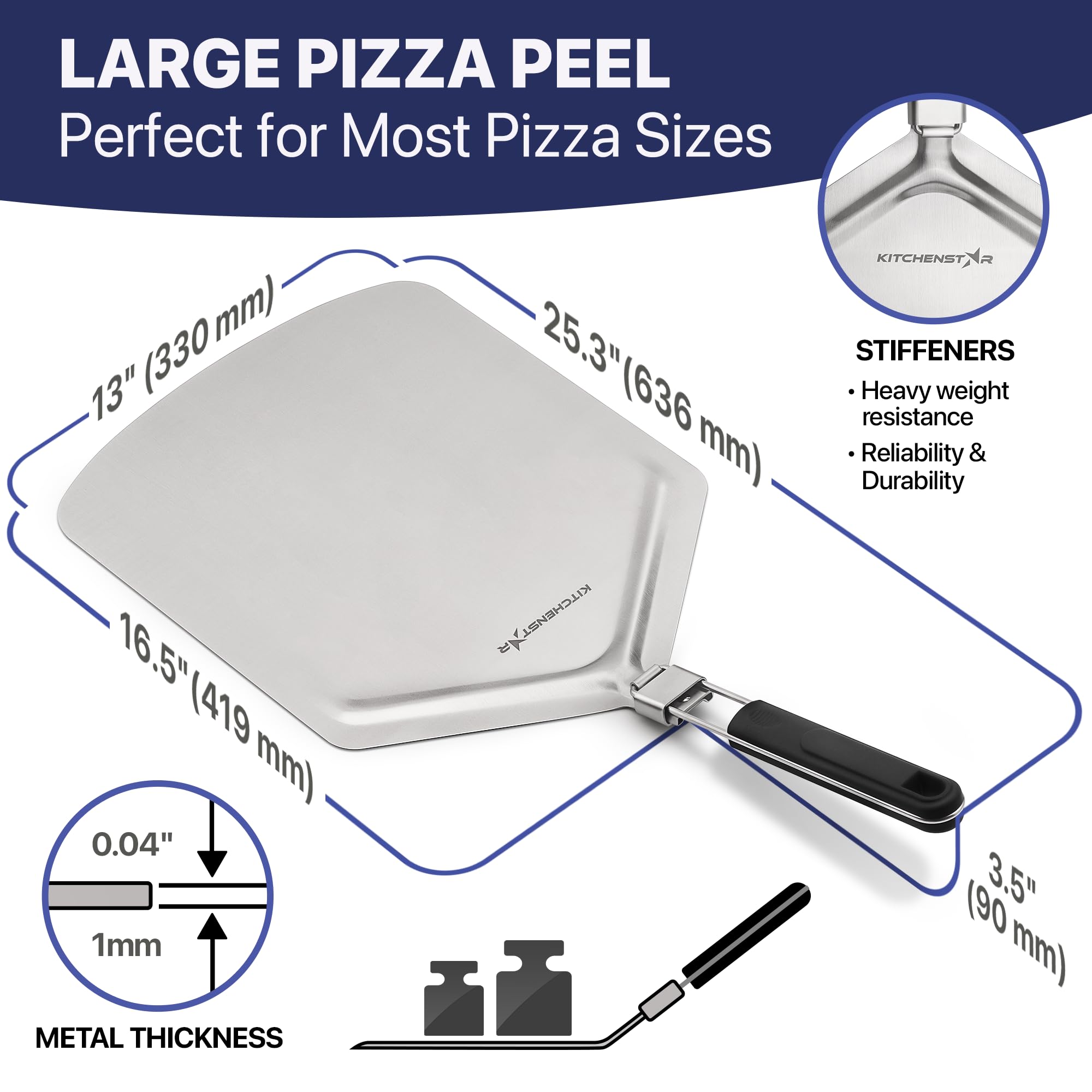 KitchenStar Stainless Steel Pizza Peel with Folding Handle (13 x 16.5 Inches) for Oven Pizza Turning, Placement and Retrieving - Professional Baking Tools Series