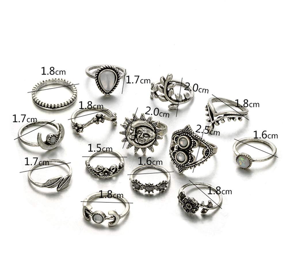 Eoumy Vintage Knuckle Ring Set for Women Retro Silver Hollow Carved Flowers Leaf Sun Moon Stackable Rings Set