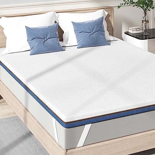UniPon 2 Inch Gel-Infused Memory Foam Mattress Topper for Queen Size Bed, Ventilated Bed Foam Topper for Back Pain and Pressure Relief, High-Density Cooling Mattress Pad with Removable & Soft Cover