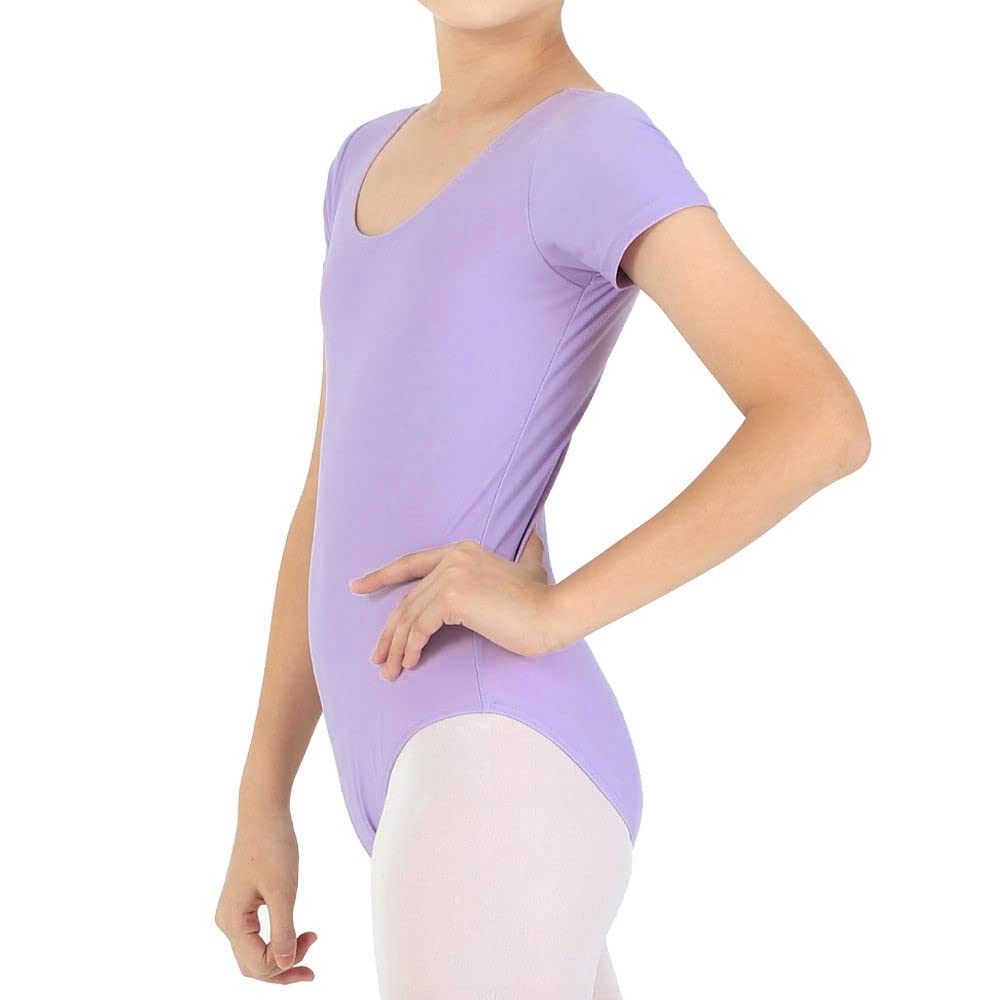 Freemasoner Gymnastics Leotard for Girls Ballet Dance Short Sleeve for 6-12 Years Old Light Purple & Black