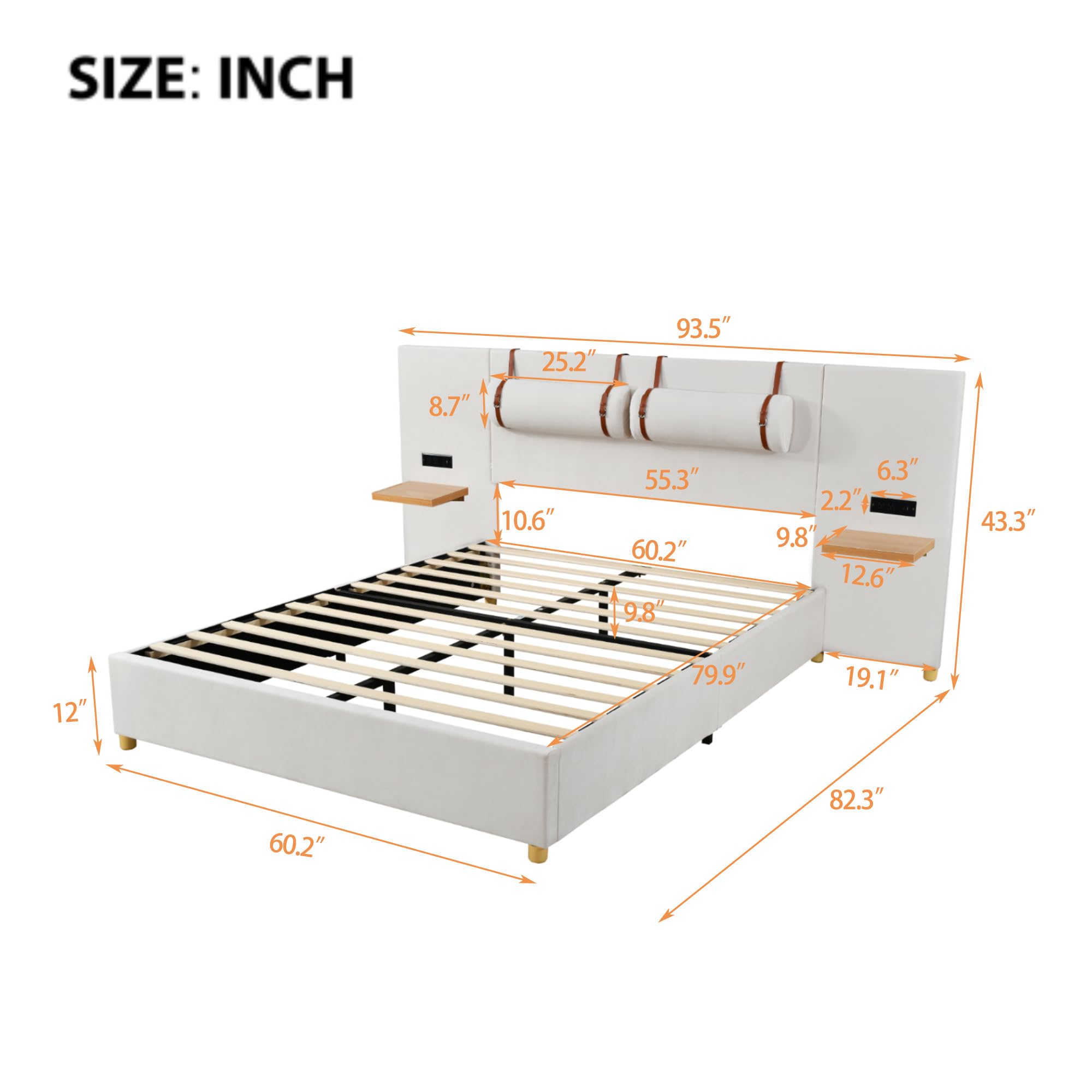 Merax Queen Size Upholstered Platform Bed, Modern Bedframe with Two Outlets and USB Charging Ports on Both Sides, Two Bedside Pillows, Storage Shelves, Beige