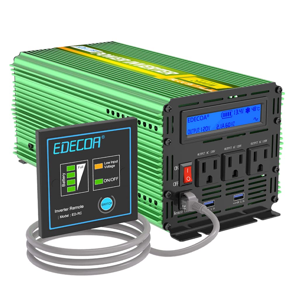 EDECOA 2000W Power Inverter 12V DC to 110V 120V AC 2000 Watts with Remote Control LCD Display USB 3 Outlets for Cars, Trucks, RVs, Rural Cabins