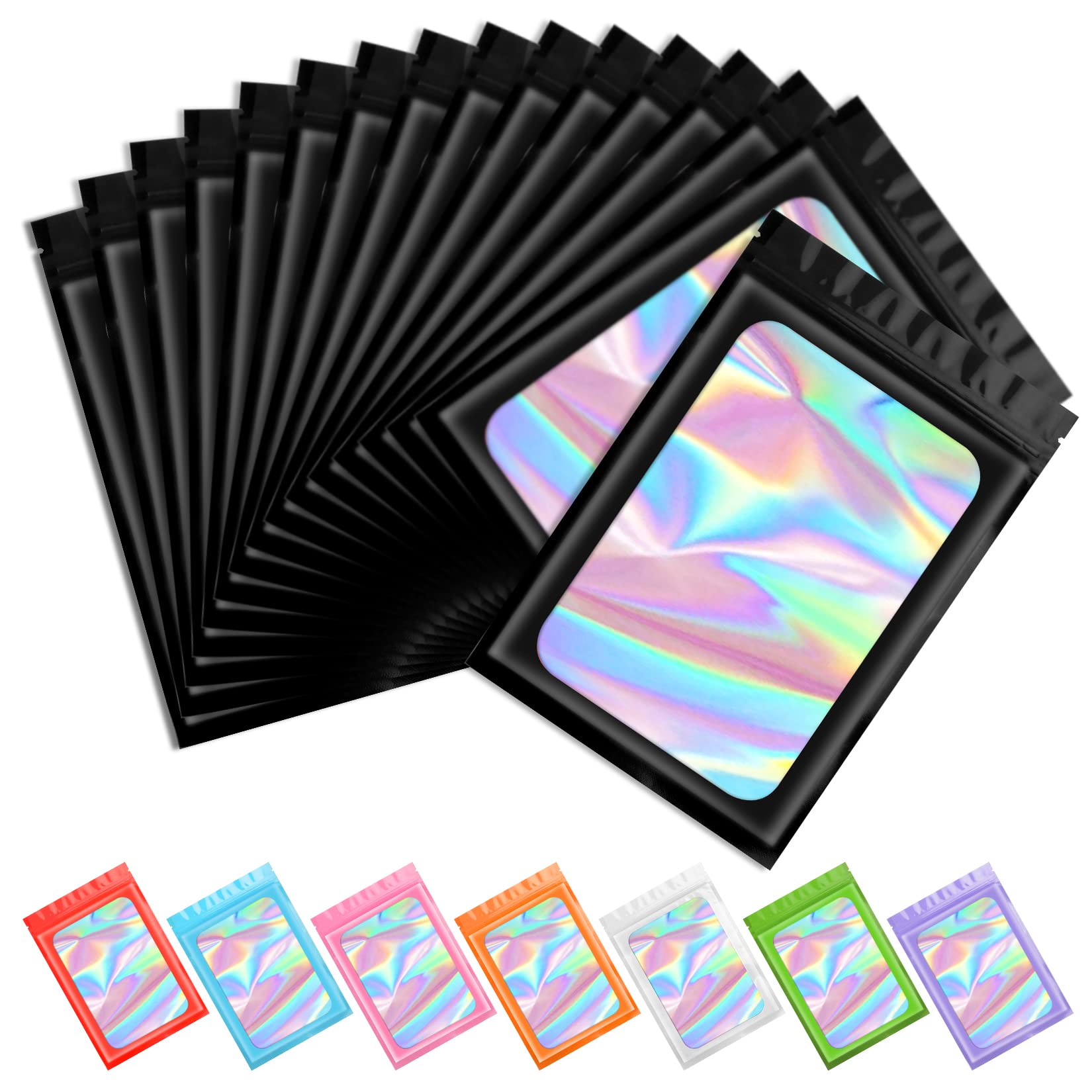 Funfery 100 pcs Mylar Holographic Resealable Odor Proof Foil Pouch Bags for Food, Lipgloss, Jewelry, Eyelash Packaging - 3x4.7 Inch