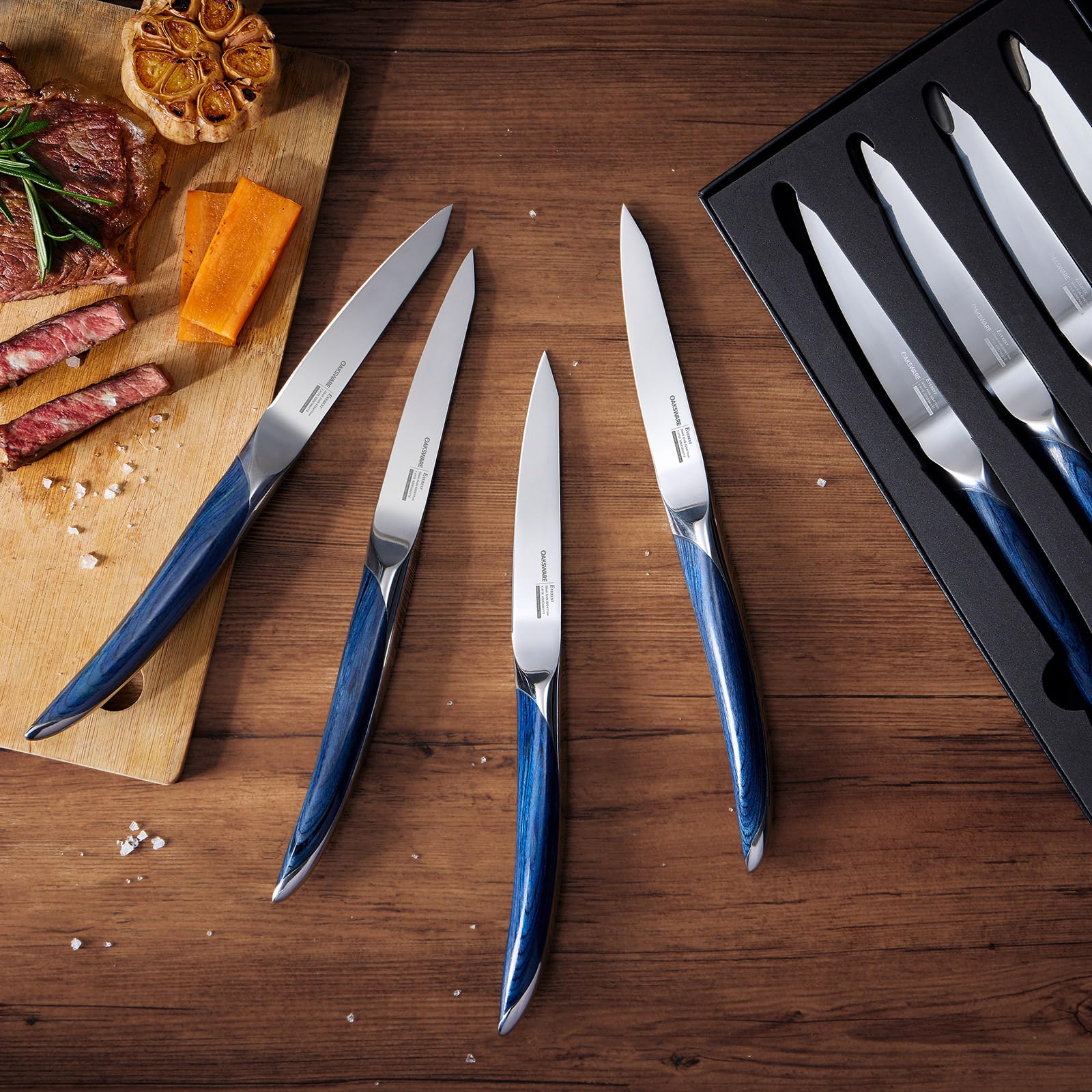 OAKSWARE Non Serrated Steak Knives Set of 8, 5 Inch German High Carbon Steel Steak Knife for Kitchen, Sharp Knives with Full-Tang Ergonomic Handle, Rust Resistant & Easy to Maintain, Blue