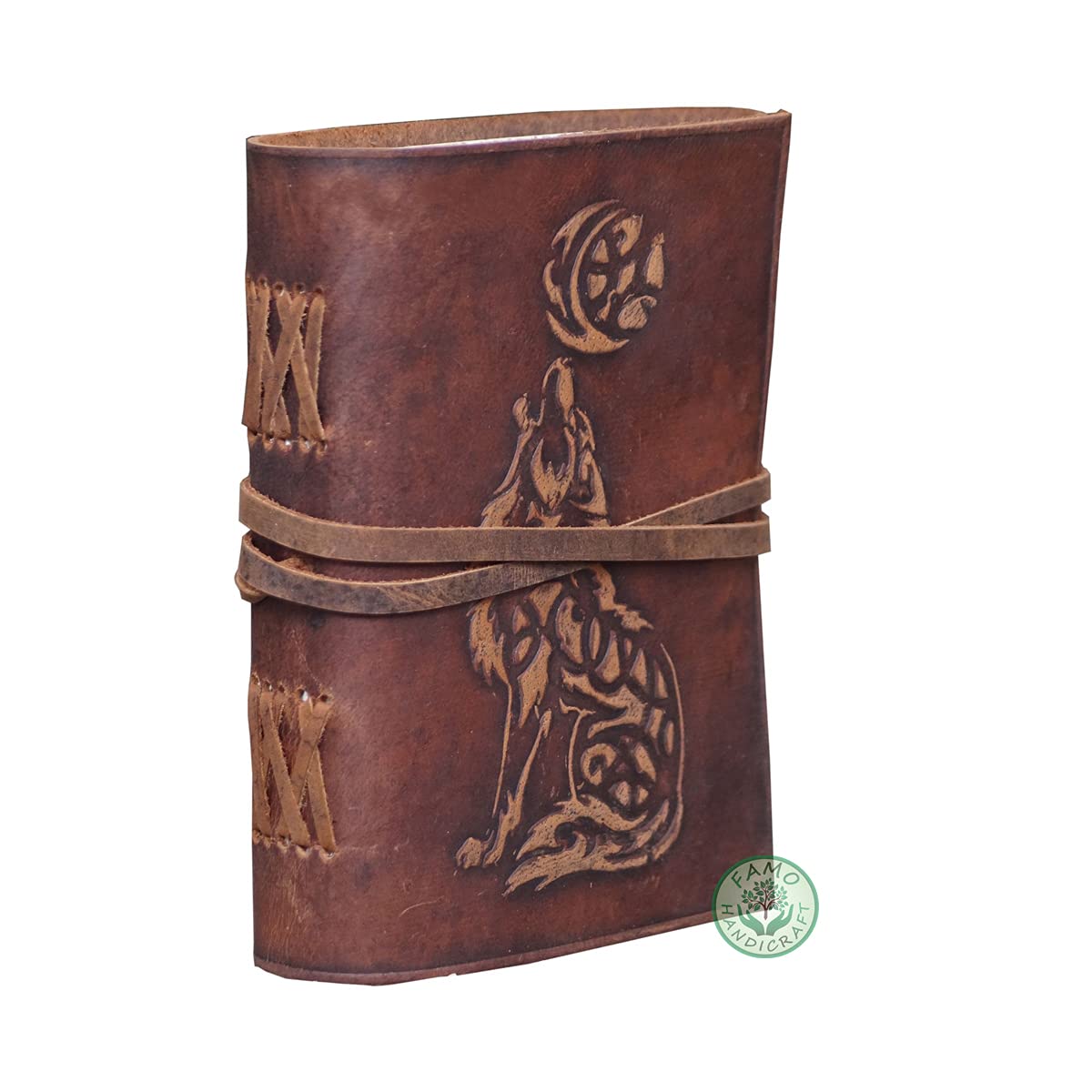 Famo Handicraft Wolf Embossed Handmade Leather Bound Journal Writing Notebook Diary Notepads for Men & Women Blank Paper 7 x 5 Inches - Best Gift for Art Sketchbook & Vintage Handbook