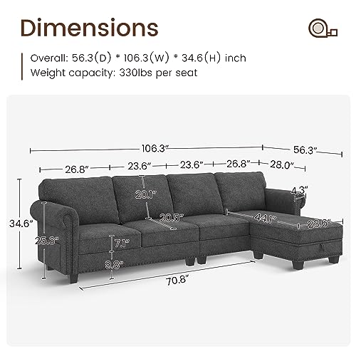Nolany Convertible Sectional Sofa L-Shape Sectional Couch with Reversible Chaise 4 Seat Sectional Sofa Couch for Small Space Dark Grey