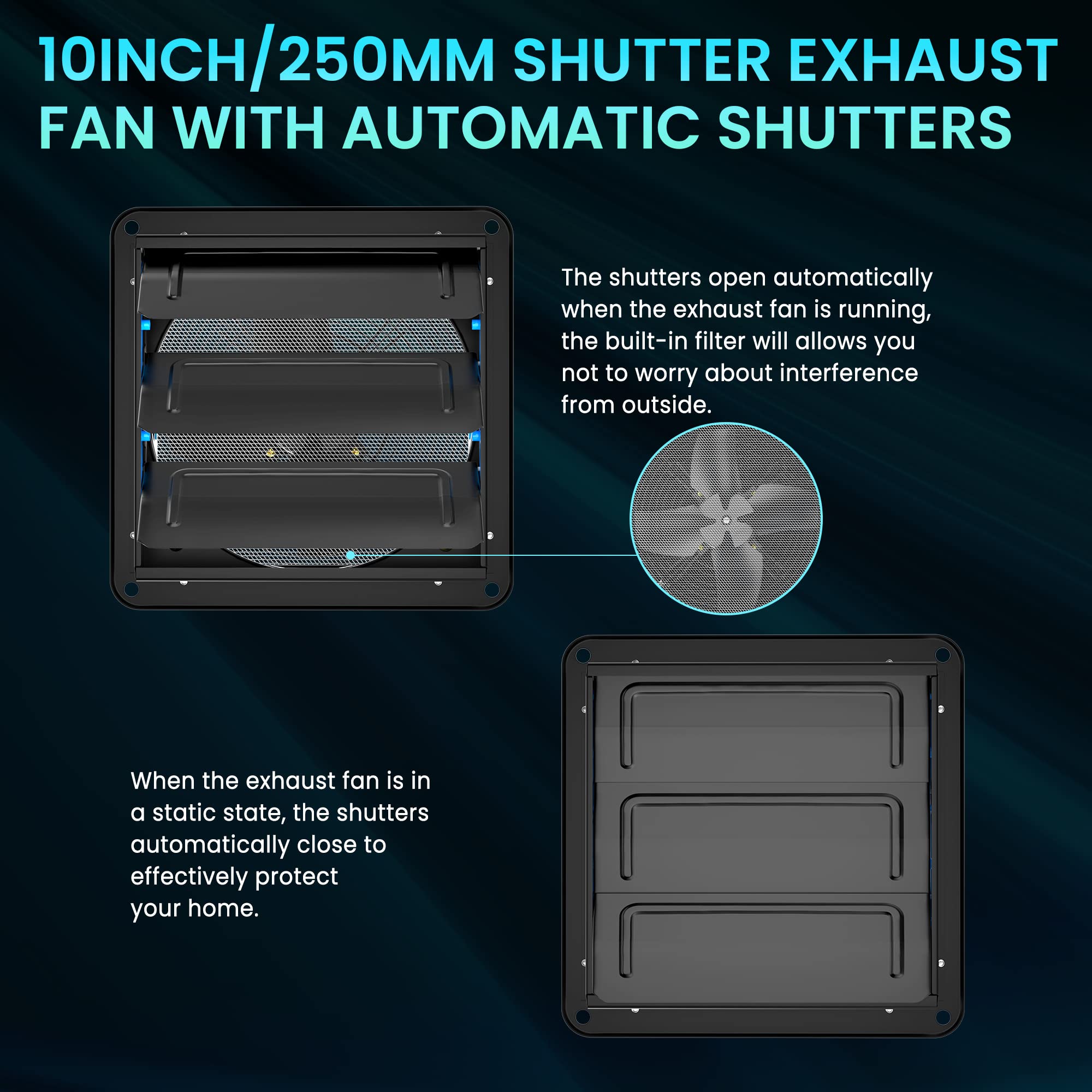 HG Power 10 Inch Shutter Exhaust Fan with Mesh Screen, 647CFM Low Noise Shed Exhaust Fan for Ventilation Use, 10" Silent Wall Mounted Extractor Fan for Basement, Gable, Chicken Coop, Black