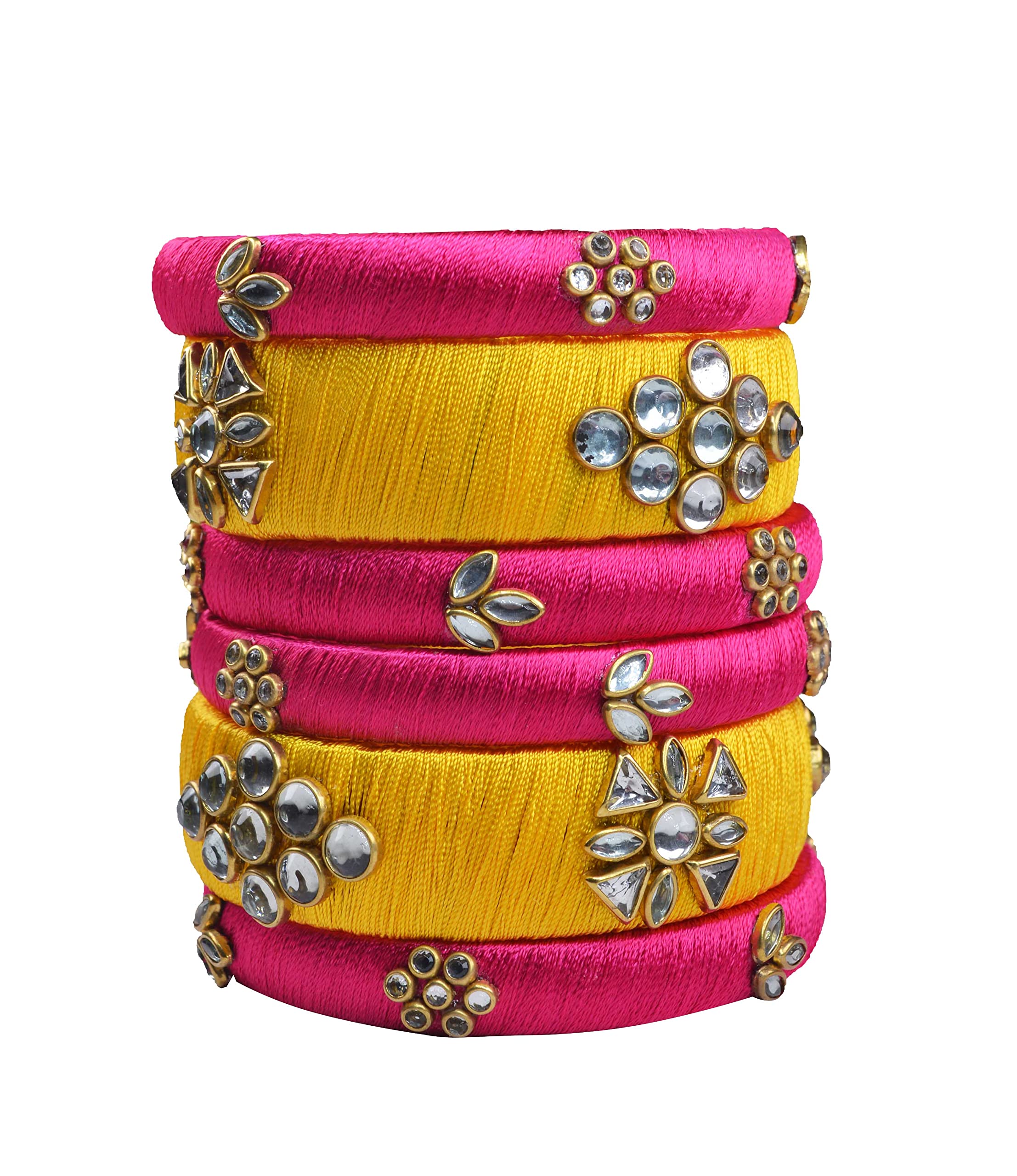 GOELX Silk Thread Bangles Designer Beautiiful Kundan Bangle Set - Rani Pink and Yellow