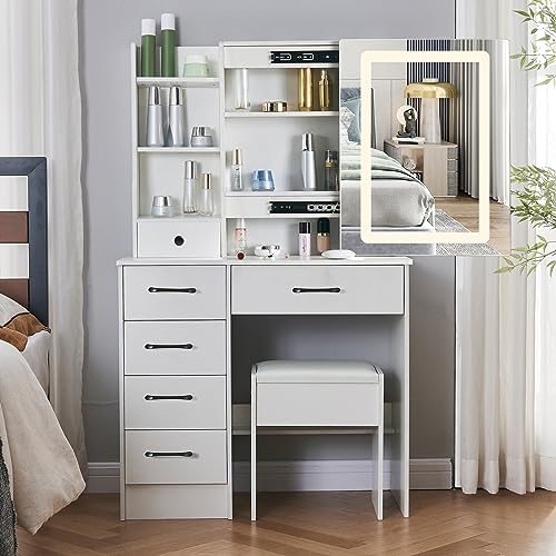 Vanity Desk Makeup Vanity Table with Lighted Mirror,3 Color Modes, White Makeup Table Set with 5 Drawers, Storage Shelves & Cushioned Stool,Women Girls Dressing Table for Bedroom