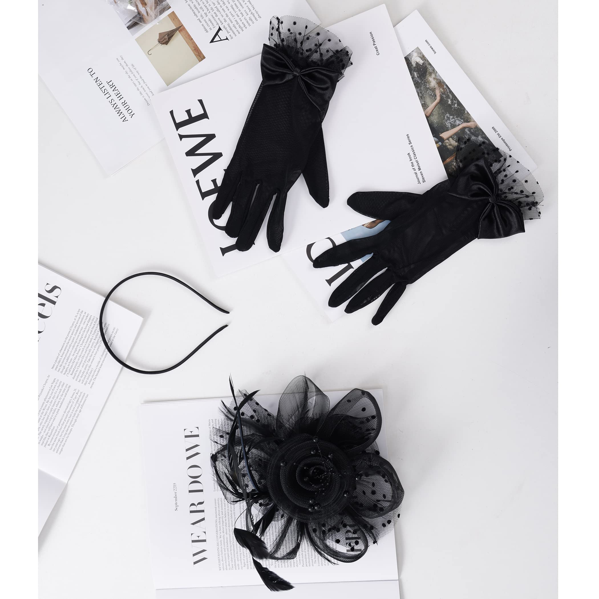 Fascinators Hats Clip Hat Wedding Cocktail Tea Party Headwear and Short Lace Bowknot Gloves for Women(102 Black