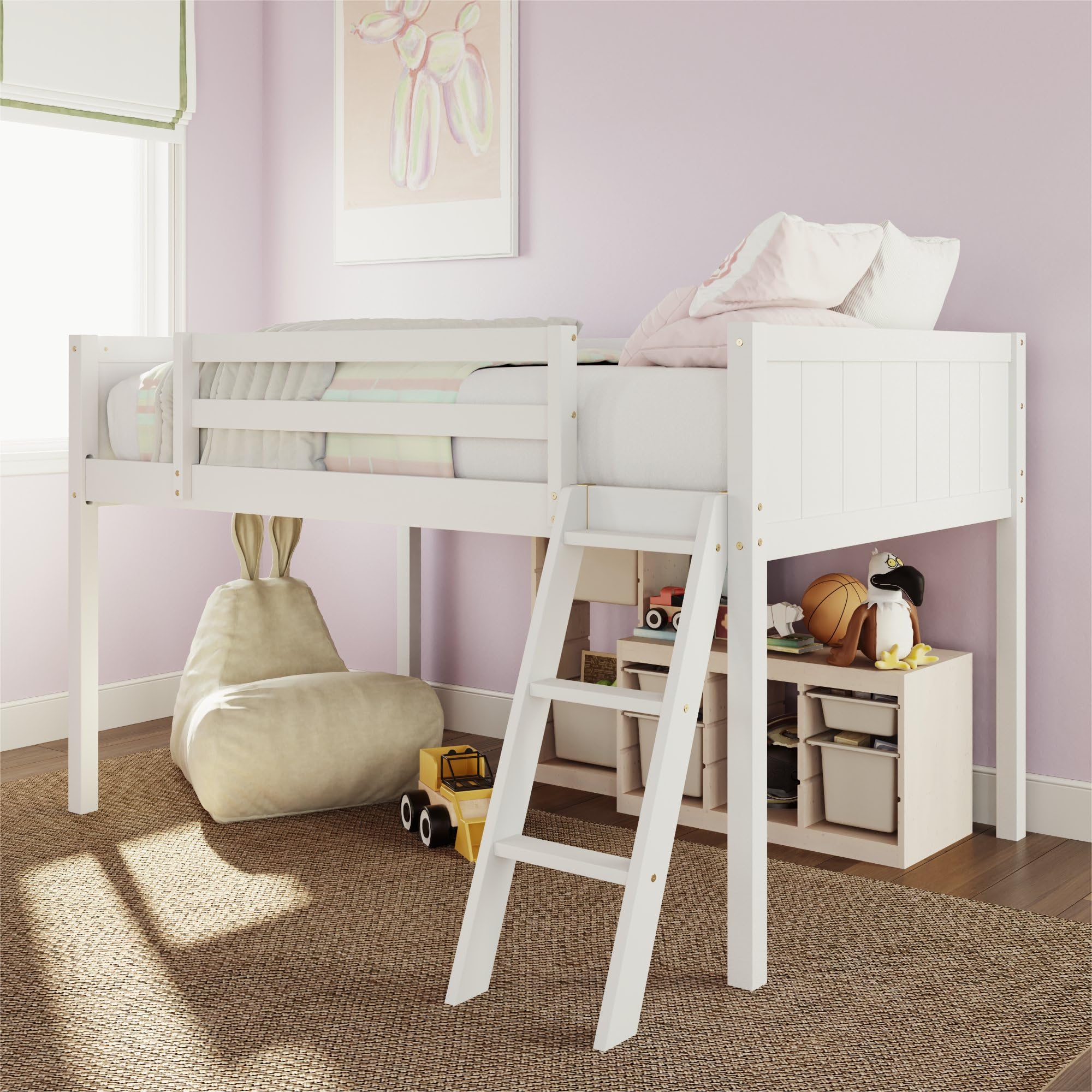 Merax Wood Low Loft Bed with Ladder,Wooden Low Loft Bed with Guardrail for Kids or Teens,Space Saving,No Box Spring Needed,Twin Size, White Color