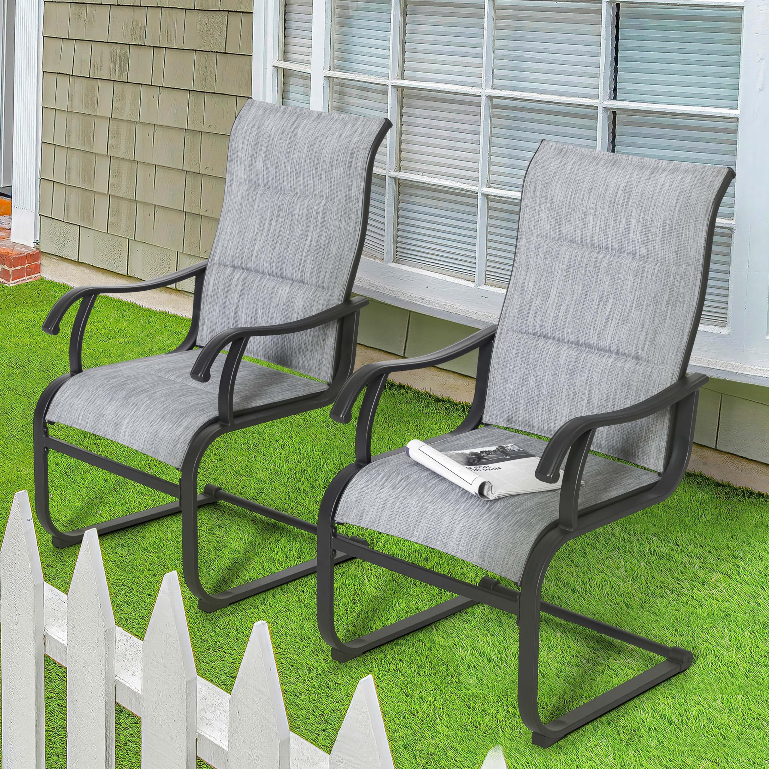 NUU GARDEN Outdoor Patio Dining Chairs Set of 2, Padded Textilene High Back Patio Chairs,All Weather Breathable Spring Motion Textile Outdoor Dining Chairs for Backyard,Deck, Lawn, Grey