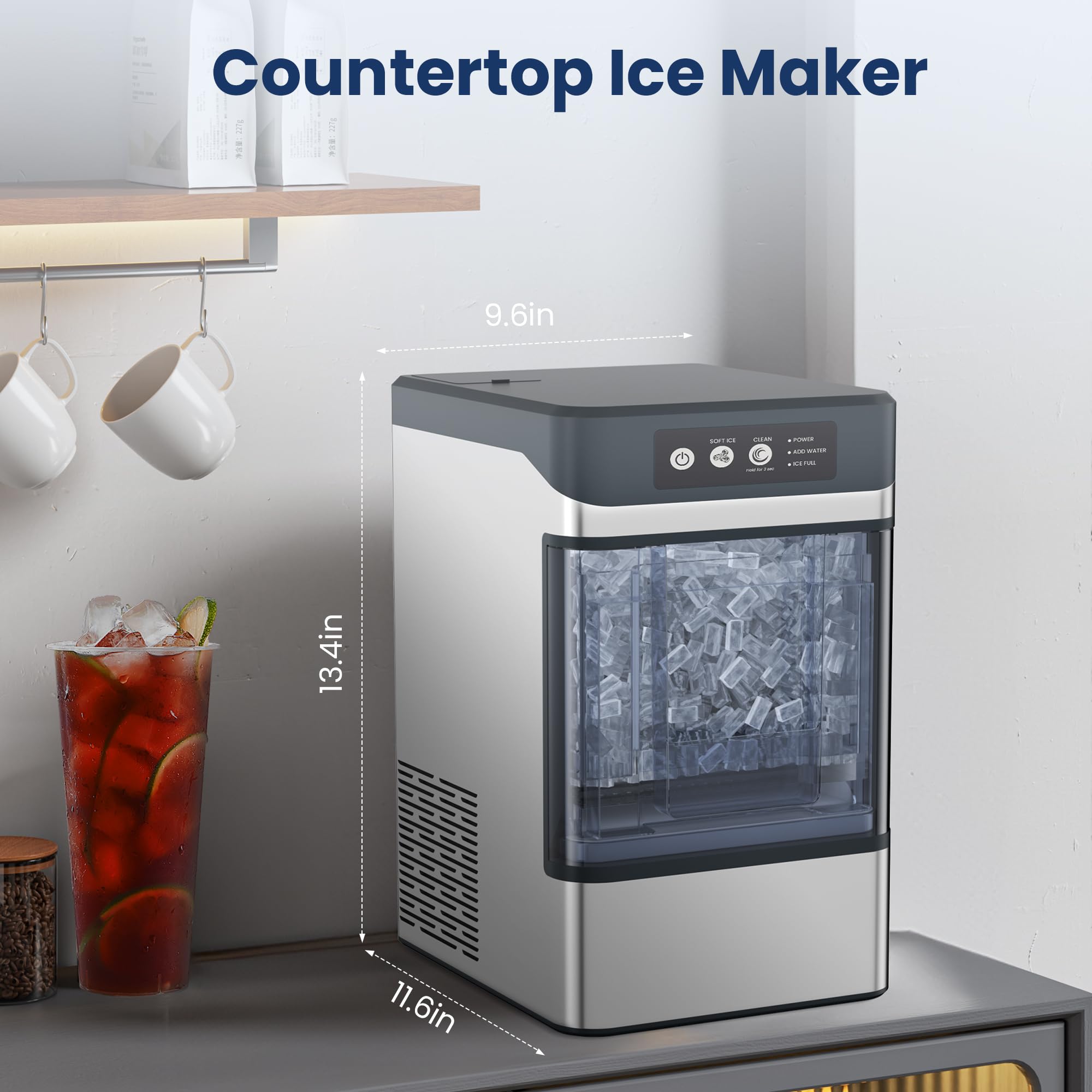 MERITLIFE Pellet Nugget Ice Maker,Countertop Small Ice Machine,Crunchy Chewable Soft Ice,1.3L Water Tank,Auto Cleaning,Fresh Ice for Kitchen,Bars,Office,Parties (M2)