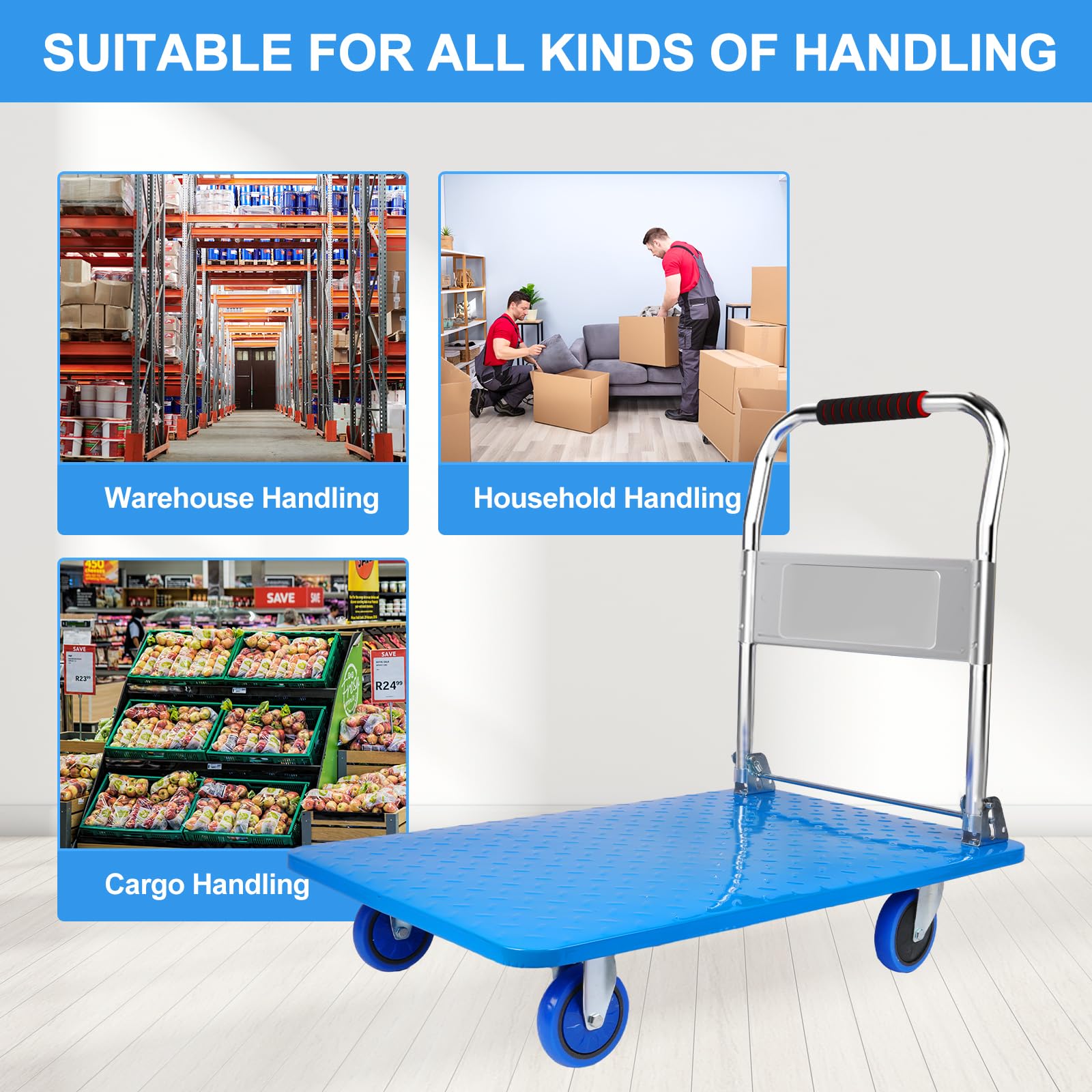Heavy Duty Platform Truck Folding Flatbed Dolly with 330lb Weight Capacity and 360 Degree Swivel Wheels, for Loading and Moving,Silver (Blue)