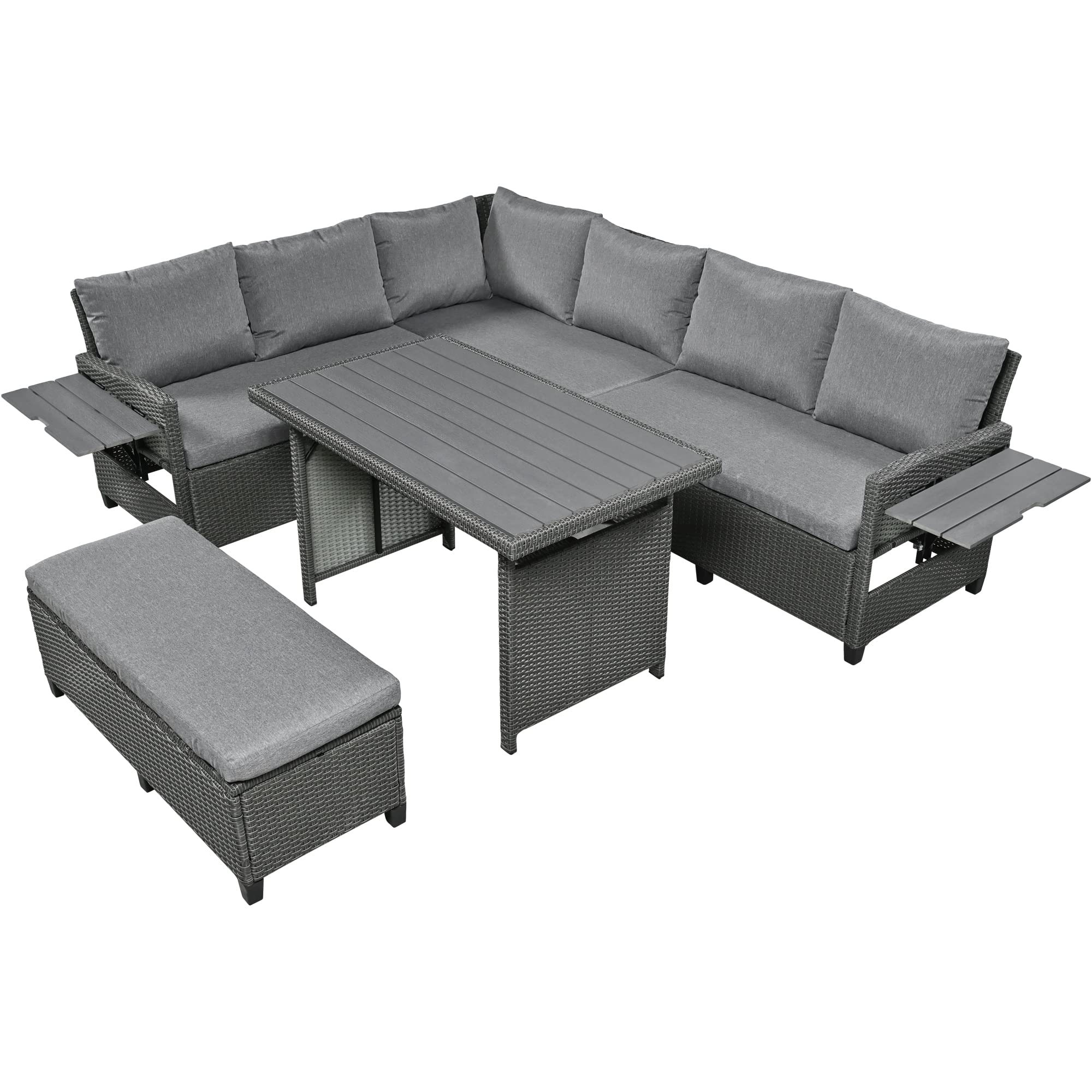 EMKK Steel Patio Furniture Set,6 Pieces Modern Outdoor Conversation Sectional with Cushion,Include 2 Loveseat,1 Single Sofa,1 Table,2 Bench, A-Dark Gray+Black
