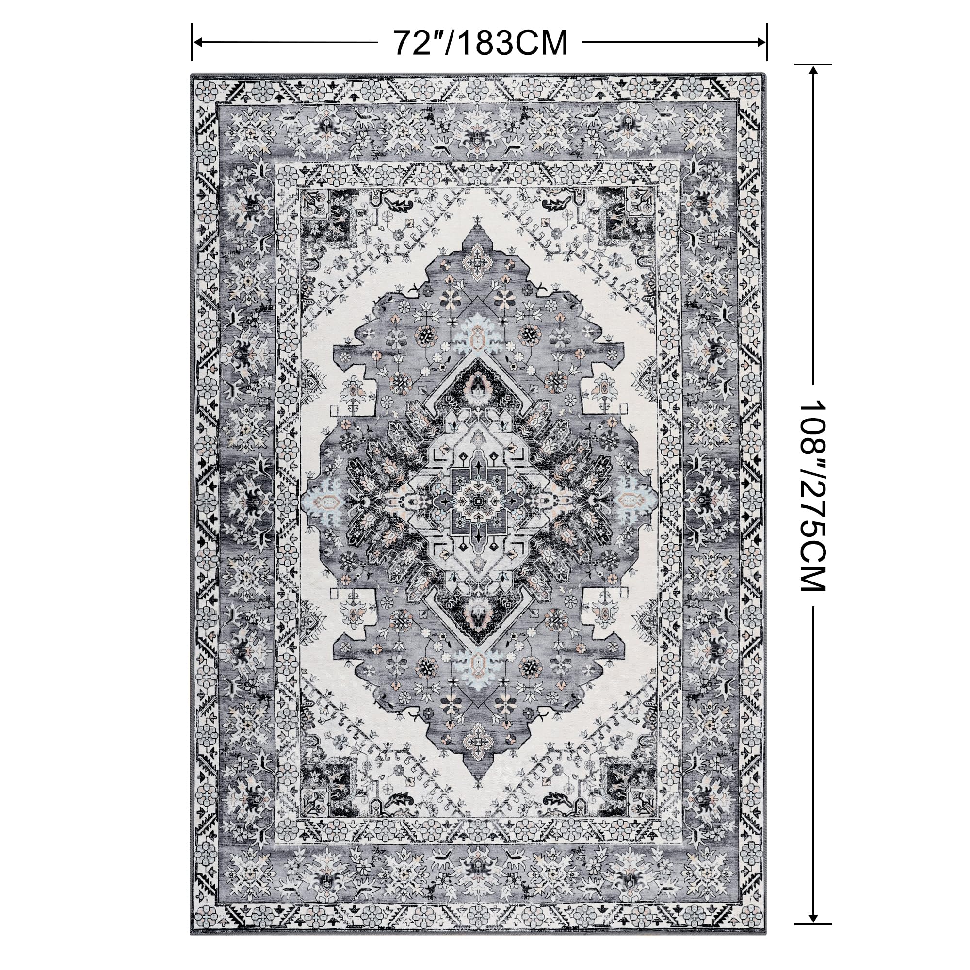 Noahas Grey 6x9 Area Rugs for Living Room, Vintage Machine Washable Rug,Low Pile Print Large Living Room Rug