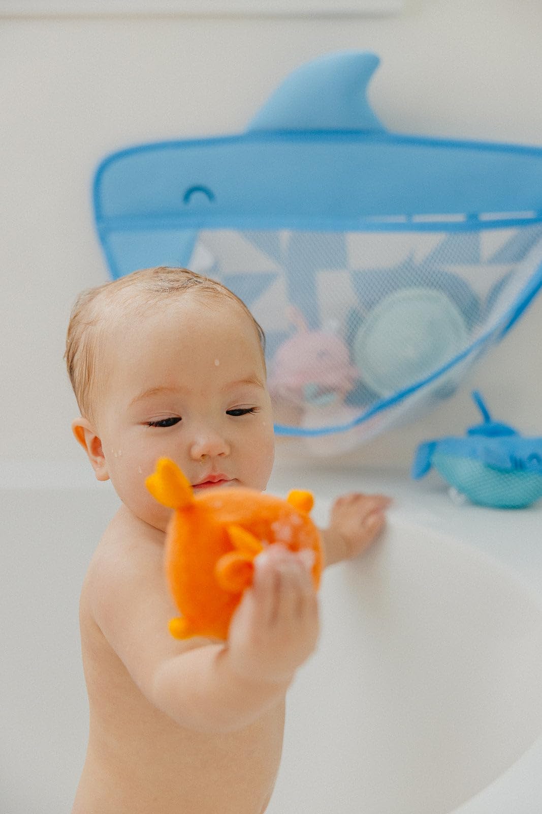 Oceana Bath Toy Organizer with Suction Cups by Copper Pearl: Extra-Large Mesh Bath Toy Holder for Bathtub, Quick-Dry Bath Toy Storage Net, Convenient Bath Toy Net for Tub - Finn