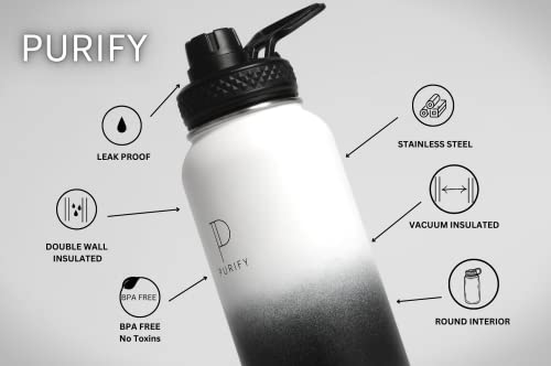Purify Sports Water Bottle – 32Oz, 2 Lids (Open Lid), Leak Proof, Vacuum Insulated Stainless Steel, Double Walled, Thermo Mug, Metal Canteen