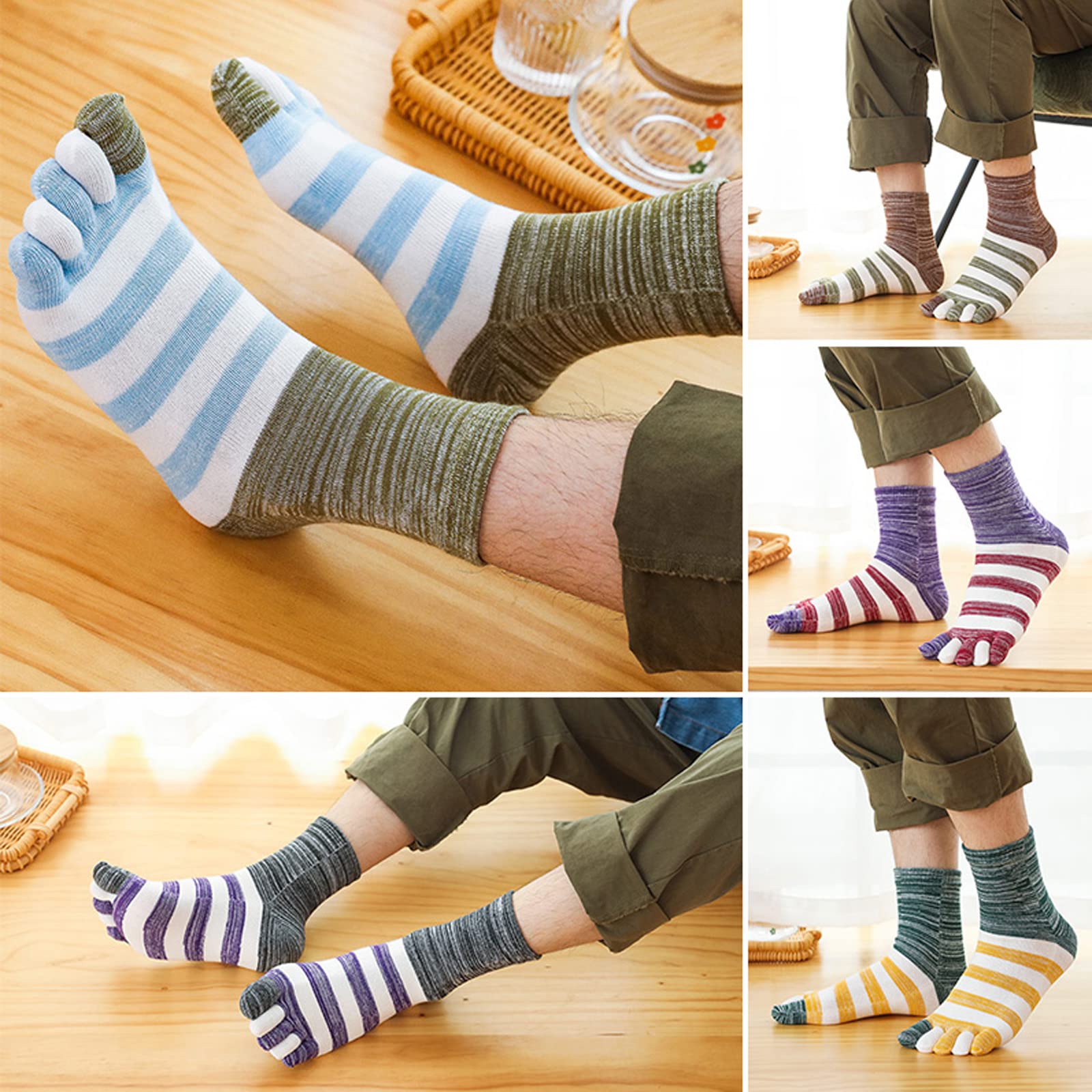HABUAETY Toe Socks Men Five Finger Cotton Sock Running Athletic 5 Toe Ankle Striped Sox 5 Pairs (Multicolor 6)