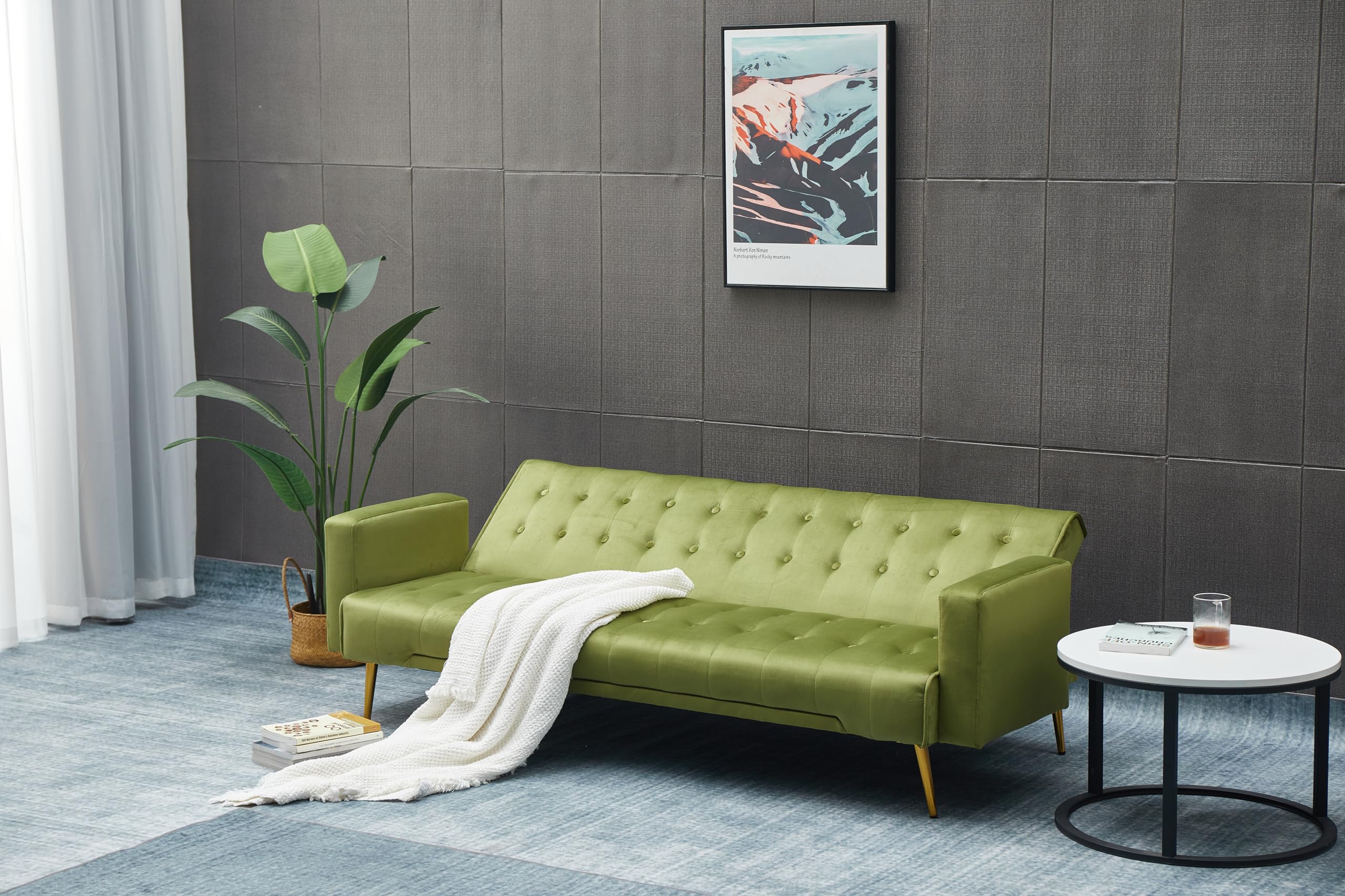 MODCART 75 Inch Velvet Futon Sofa Bed with Adjustable Back, Convertible Futon Couch, w/Tufted Buttoned Design & Metal Legs, Upholstered Slpper Bed for Home, Small Space Apartment