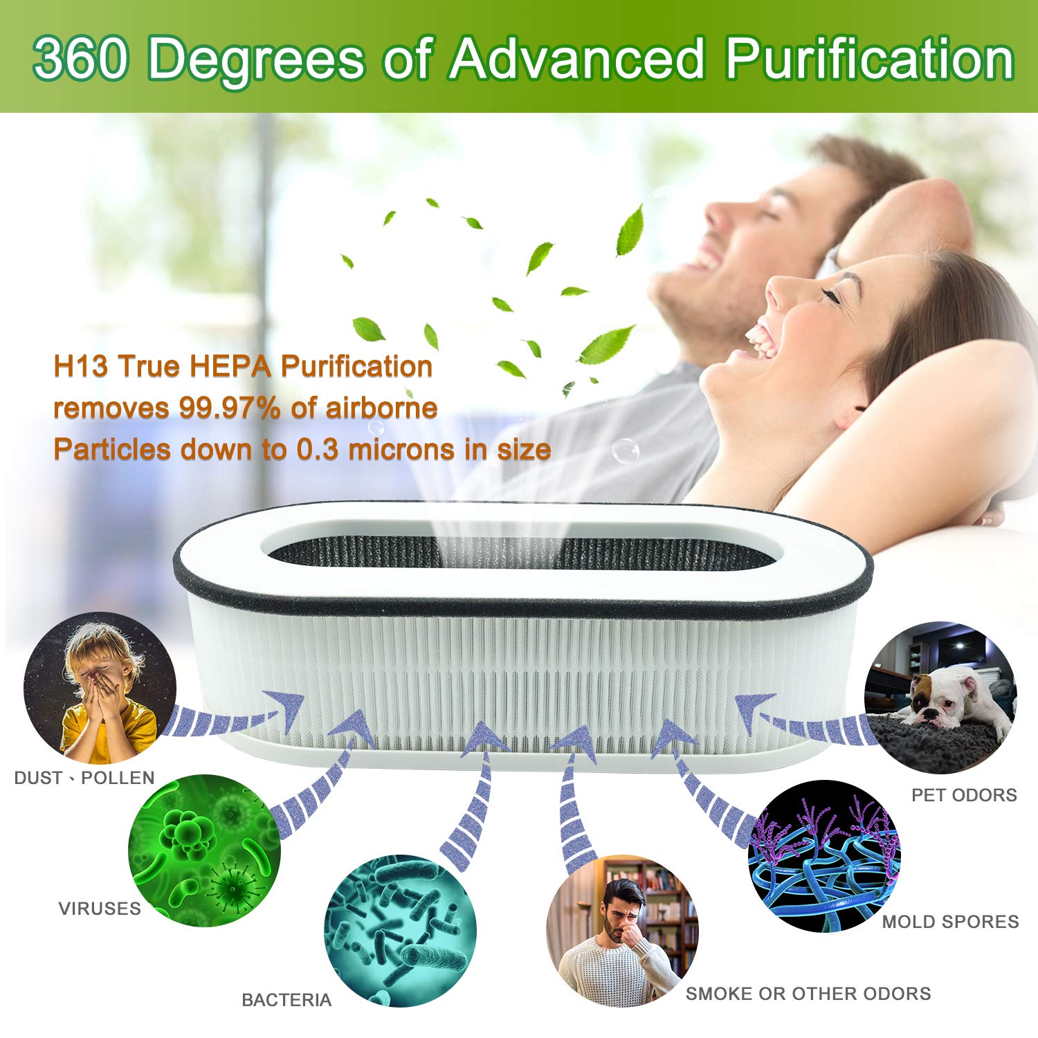 Flintar RP-AP068 3-in-1 H13 Grade True HEPA Replacement Filter, Compatible with RENPHO Compact Air Purifier RP-AP068, 2-Pack