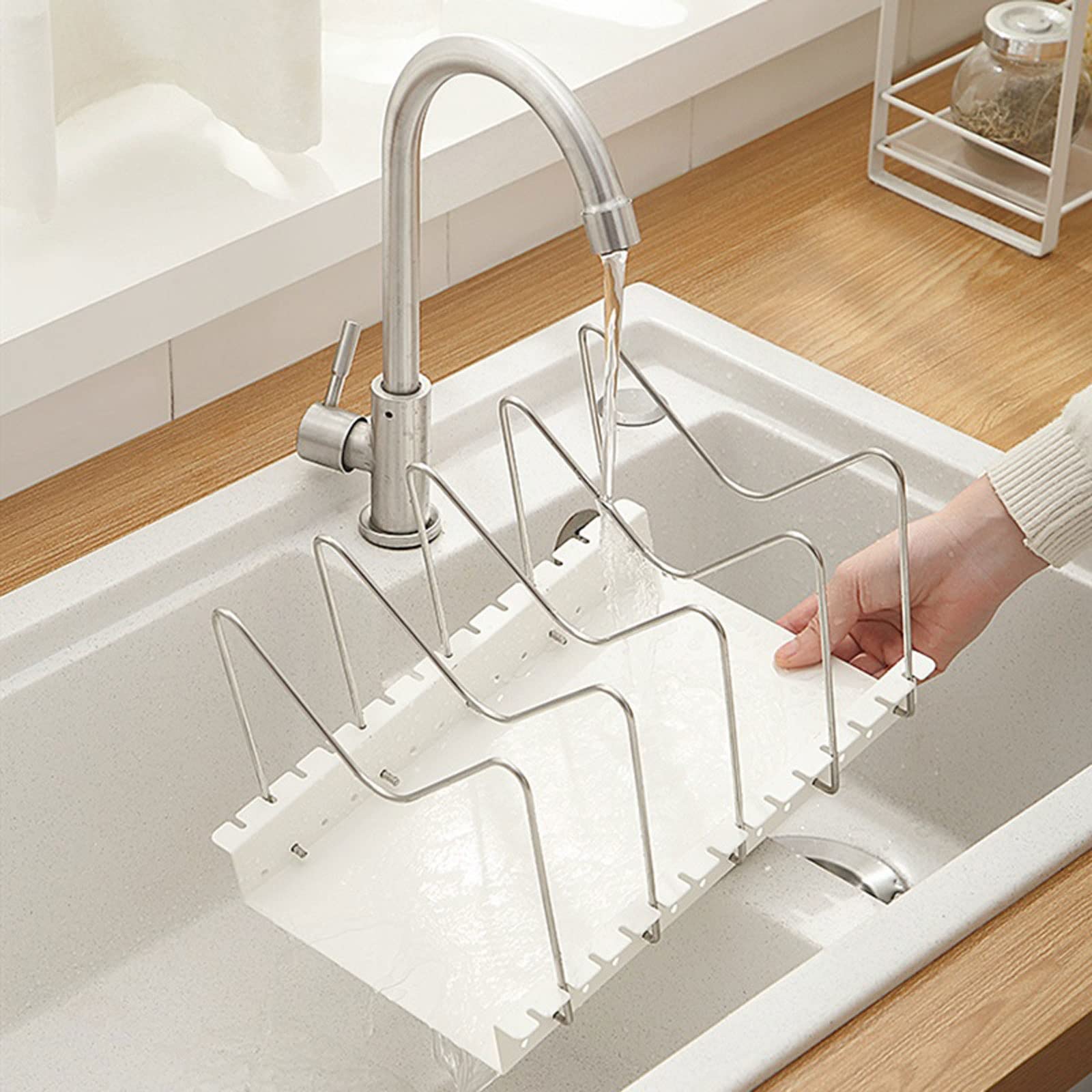 EXECAB Dish Rack Metal Pan Pot Lid Organizer Adjustable Dish Rack Drainer Cutting Board Holder Cookware Stand Holder Kitchen Cabinet Storage Pan (Color : White)