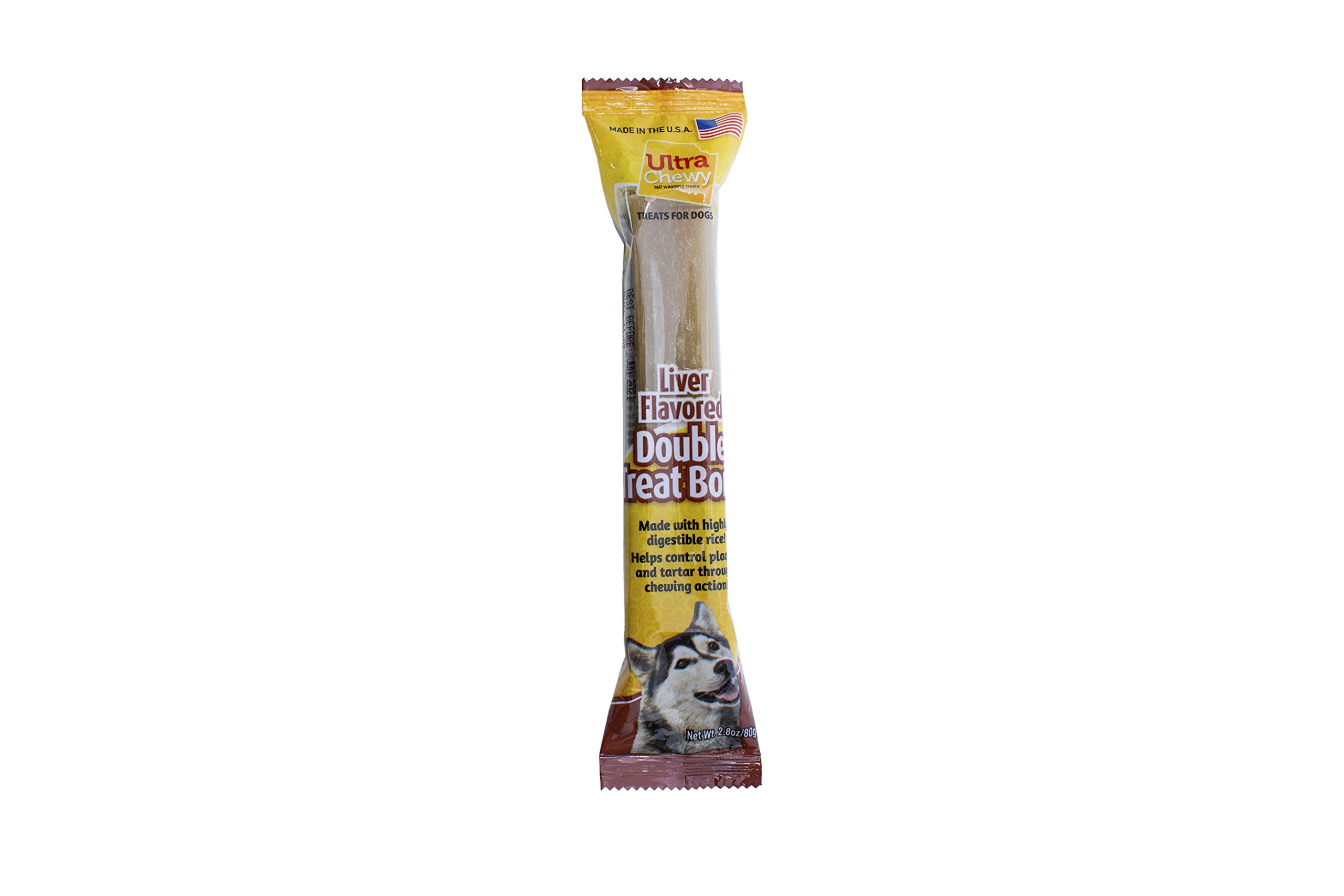 Ultra Chewy Liver, Double Treat Bones: Long-Lasting Dog Treats Made in USA for Large and Small Breeds, Highly Digestible, Ideal for Aggressive Chewers (24 Individually Packed Bones)