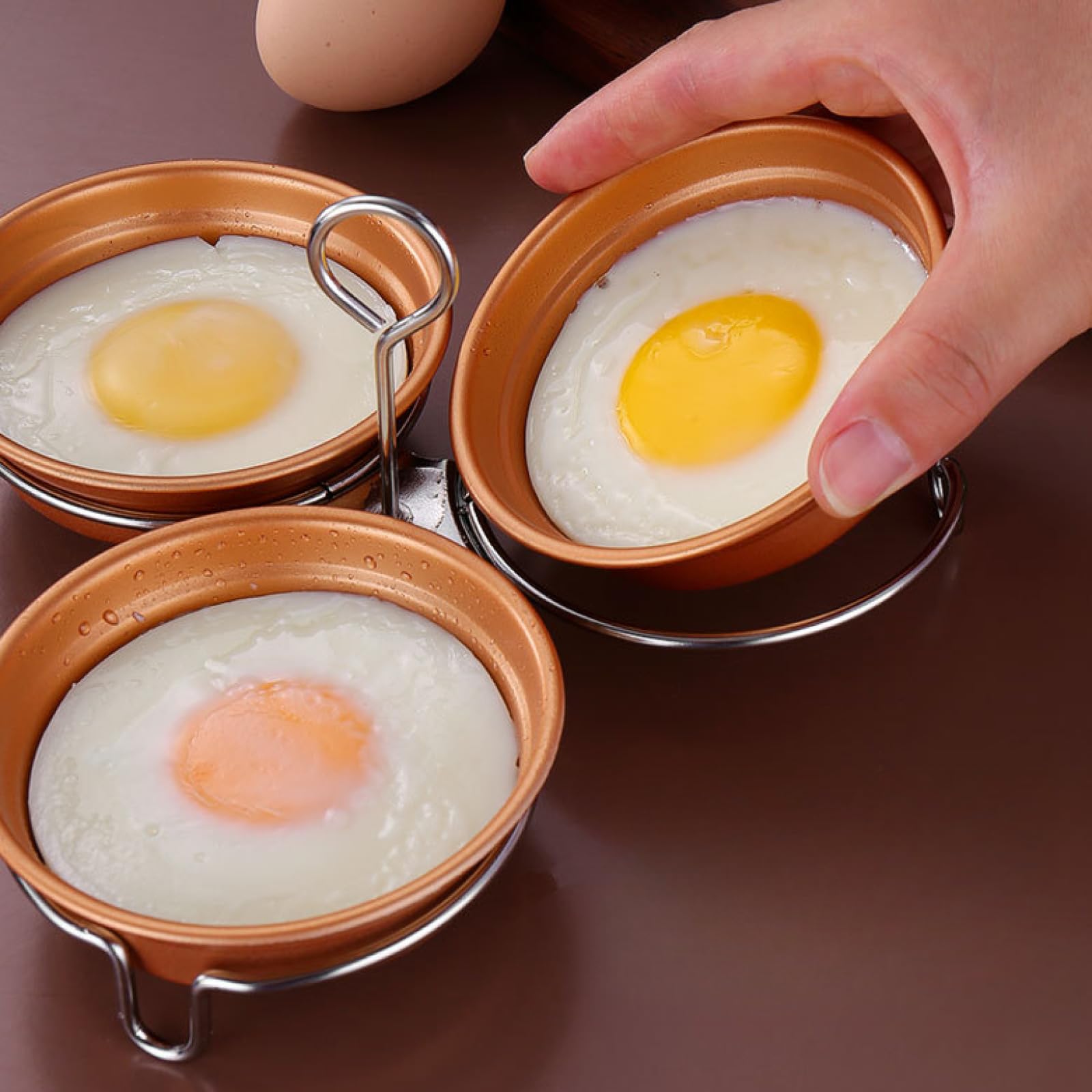 RJMPUCUT Stainless Steel Egg Poacher, Nonstick 3 Poached Egg Cups for Poached Mini Multi-function Egg Steamer with Stand, Metal Egg Cups with Oil Brush for Poached Eggs Poached Egg Tool