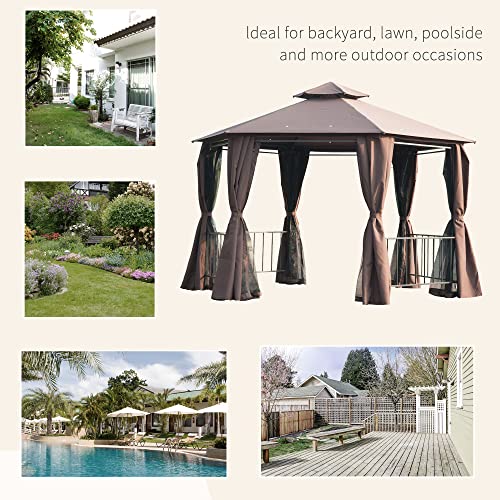Outsunny 13' x 13' Patio Gazebo, Double Roof Hexagon Outdoor Gazebo Canopy Shelterwith Netting & Curtains, Solid Steel Frame for Garden, Lawn, Backyard and Deck, Coffee