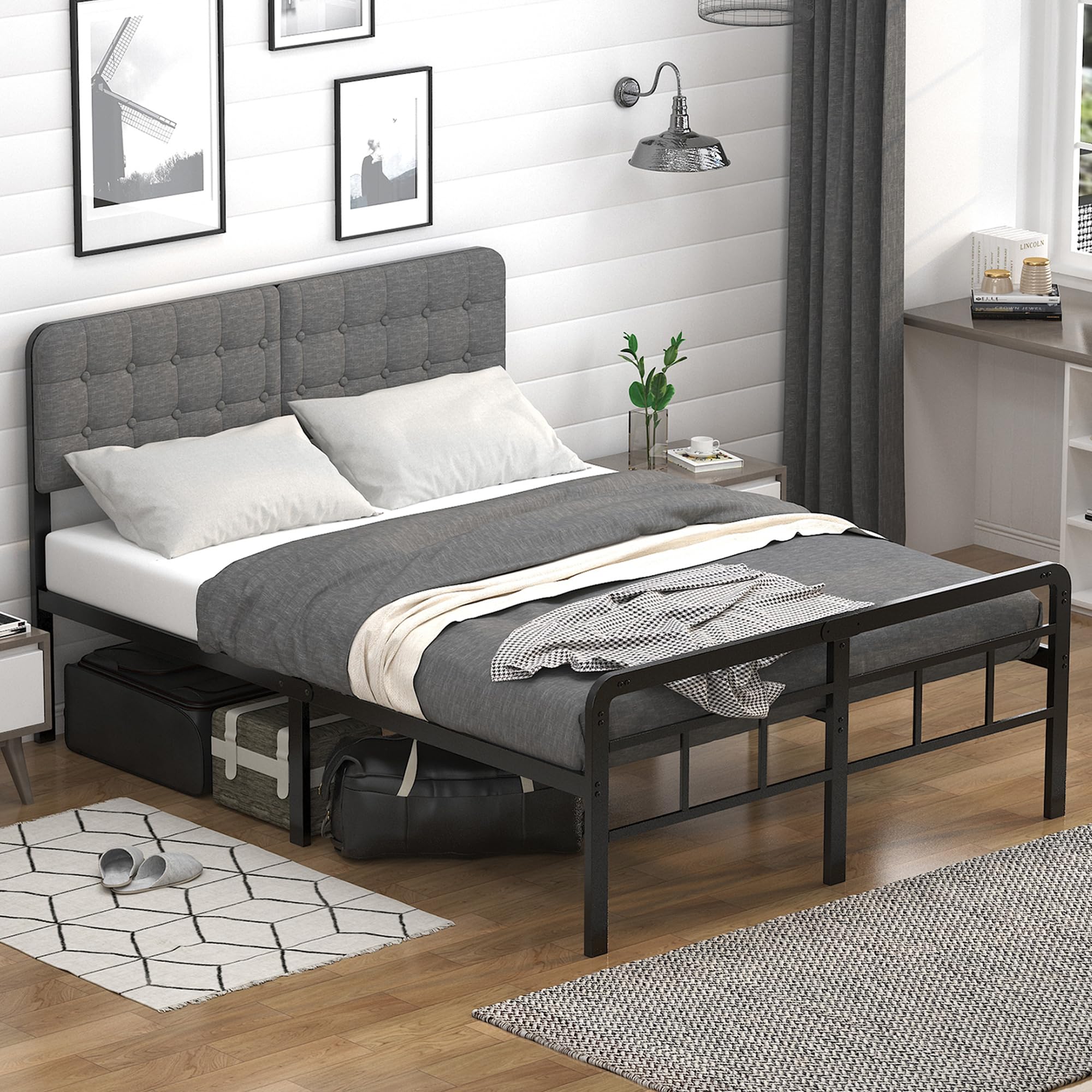 EMODA 16 Inch Queen Bed Frame with Upholstered Headboard and Metal Footboard, Heavy Duty Metal Slats Support Mattress Foundation, No Box Spring Needed, Easy Assembly