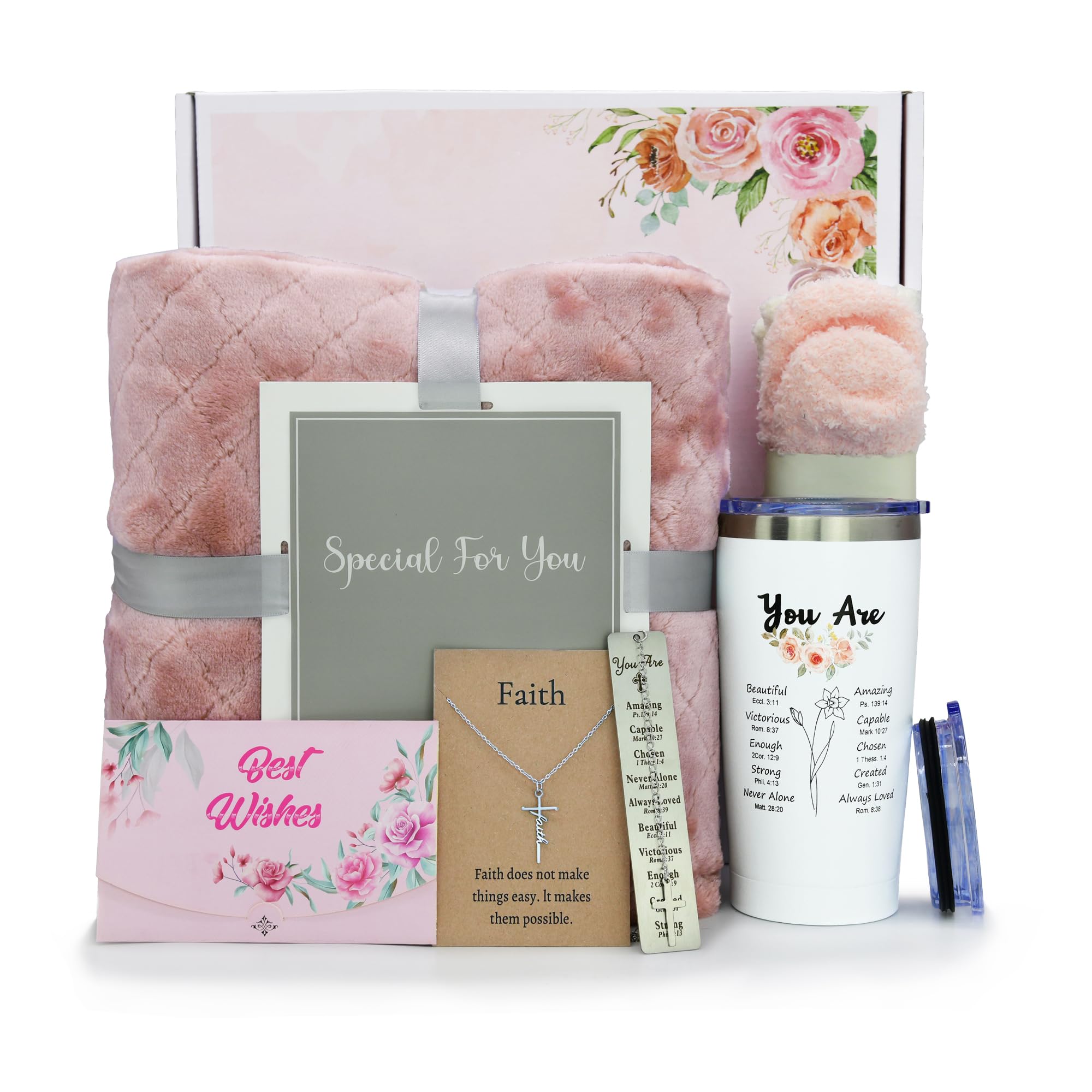 LUDUEIKSW Christian Gifts for Women, Inspirational Religious Gifts Basket, Catholic Spiritual Tumbler Throw Blanket Gift Set, Encouragement Faith Gifts for Mother Wife Sister Friend